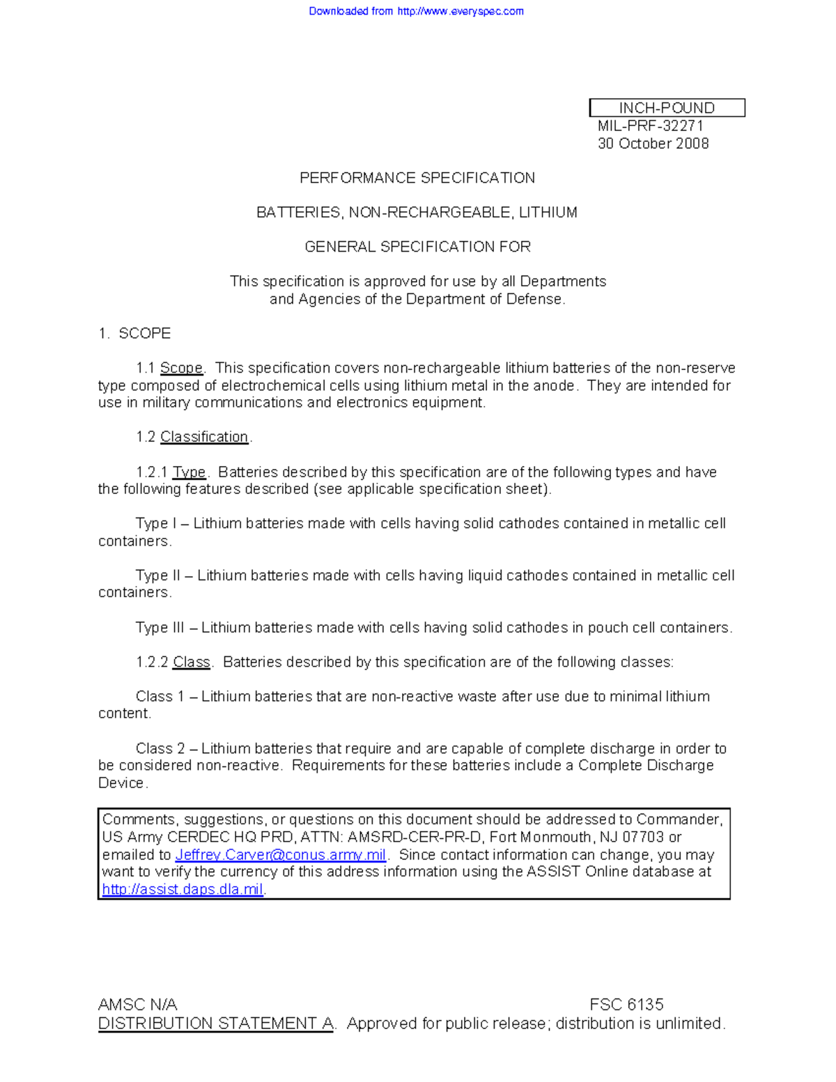 MIL-PRF-32271 - standard - AMSC N/A FSC 6135 DISTRIBUTION STATEMENT A ...