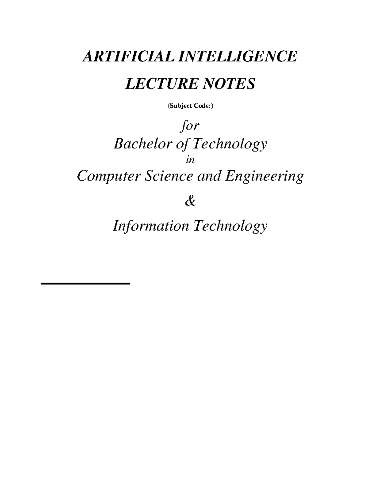 Summarized notes on Artificial Intelligence - ARTIFICIAL INTELLIGENCE ...