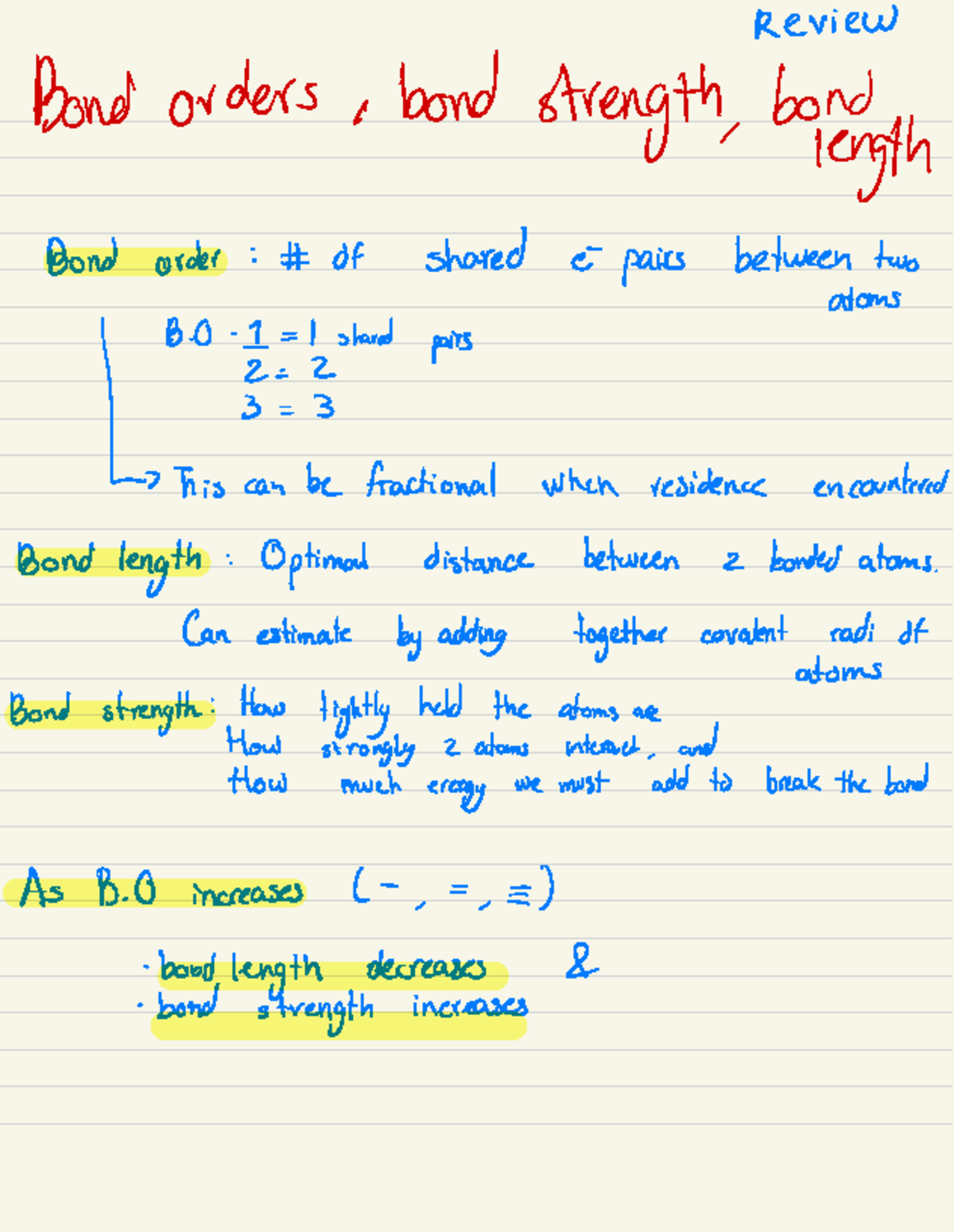 Chem Notes (15) - Review Bond orders, bond strength, bond length Bond ...