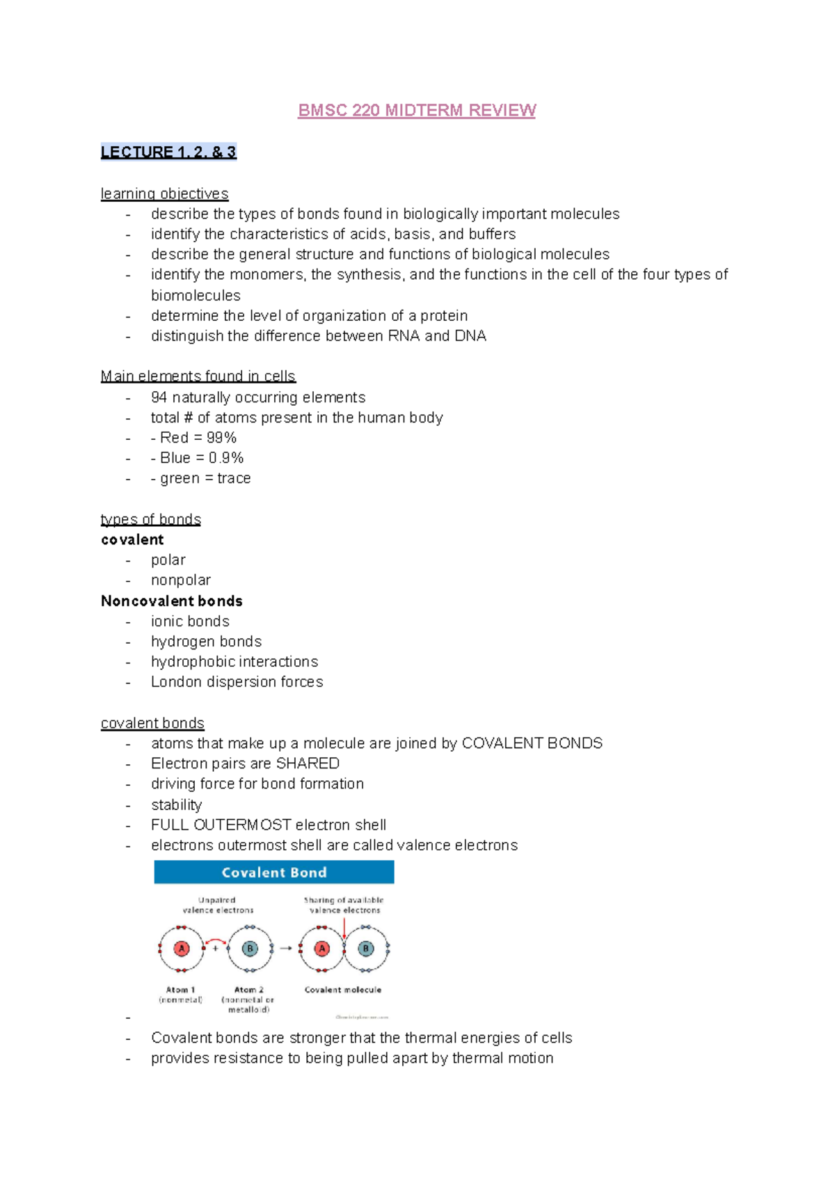 BMSC 220 Midterm Review - BMSC 220 MIDTERM REVIEW LECTURE 1, 2, & 3 learning objectives - - Studocu
