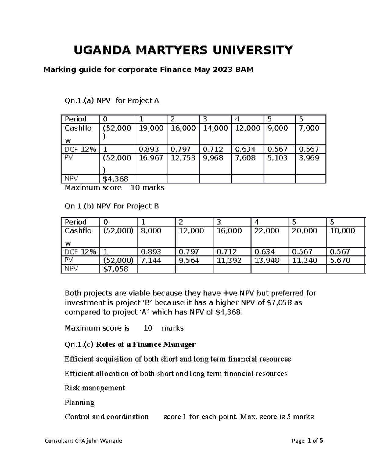 UMU Marking guide for corporate Finance May 2023 BAM - UGANDA MARTYERS ...