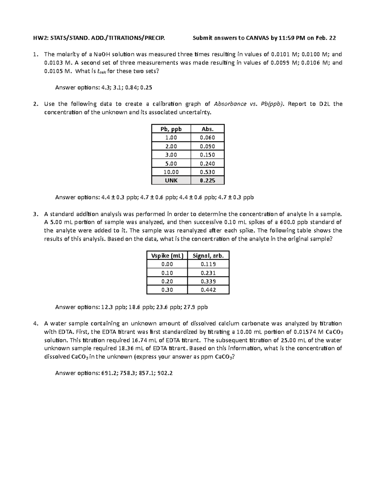 Homework 2 - instructor: Dr. Opdahl - HW2: STATS/STAND. ADD./TITRATIONS/PRECIP. Submit answers ...