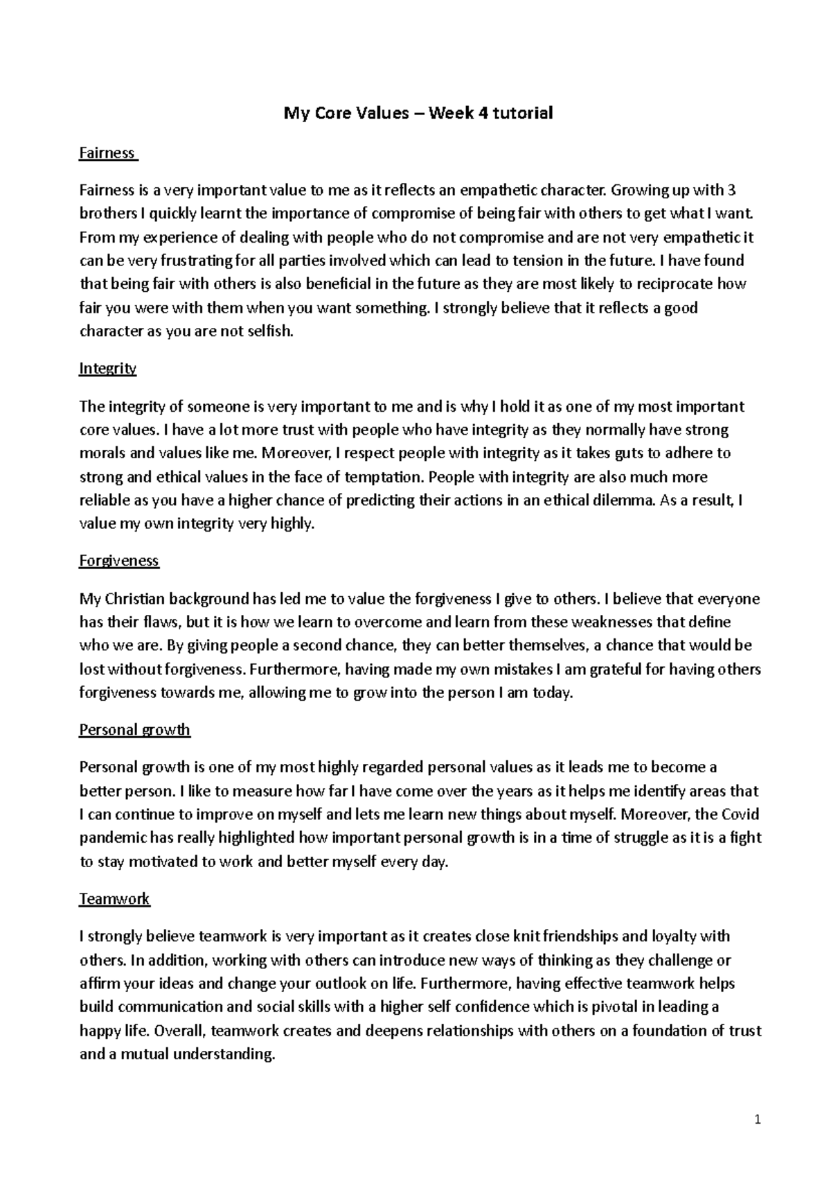 COMM101 - Week 4Q - My Core Values – Week 4 tutorial Fairness Fairness ...