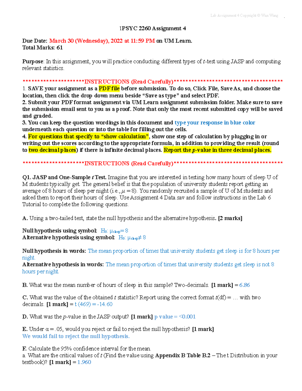 PSYC 2260 Assignment 4 - 1 PSYC 2260 Assignment 4 Due Date: March 30 (Wednesday), 2022 at 11:59 ...