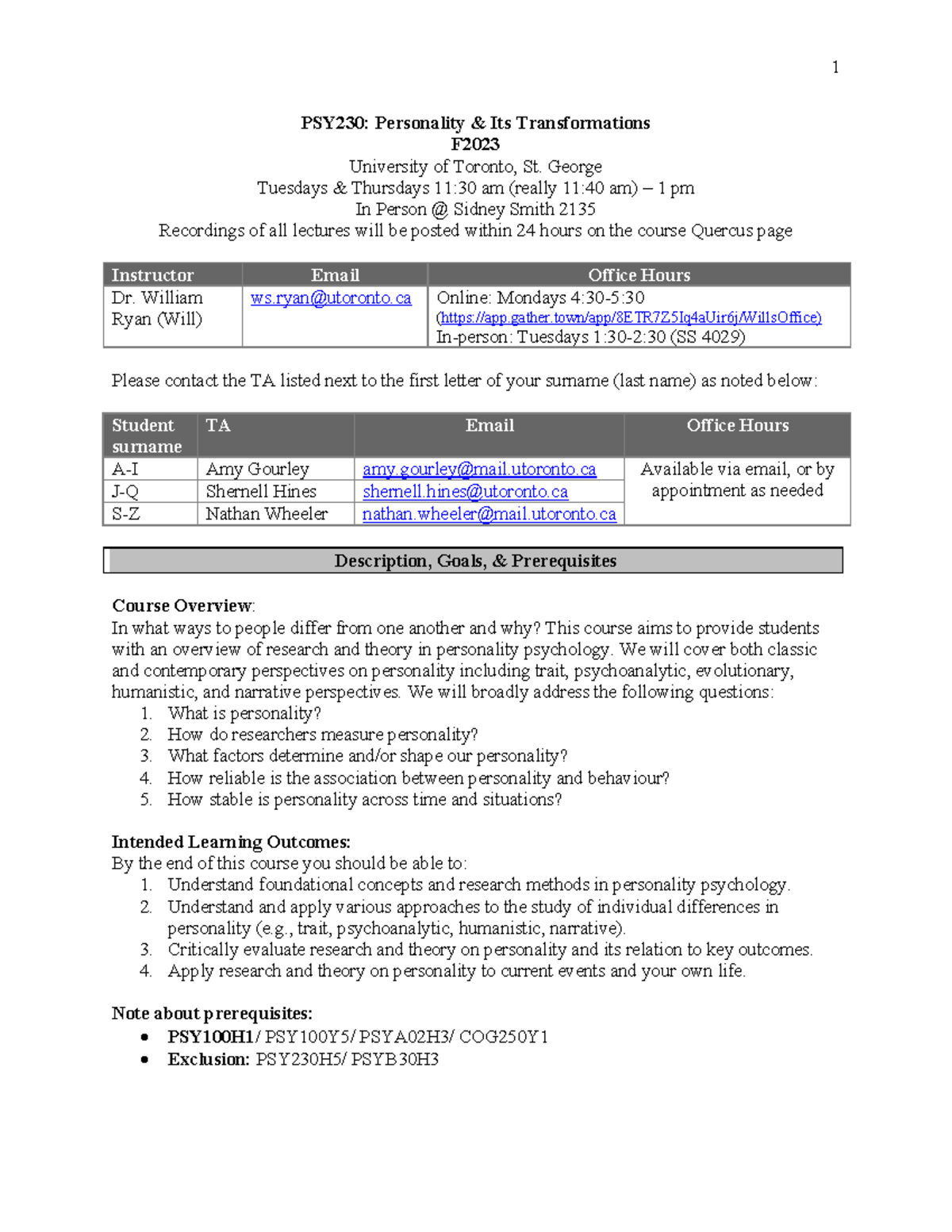 PSY 230 Personality F2023 - PSY 230 : Personality & Its Transformations ...