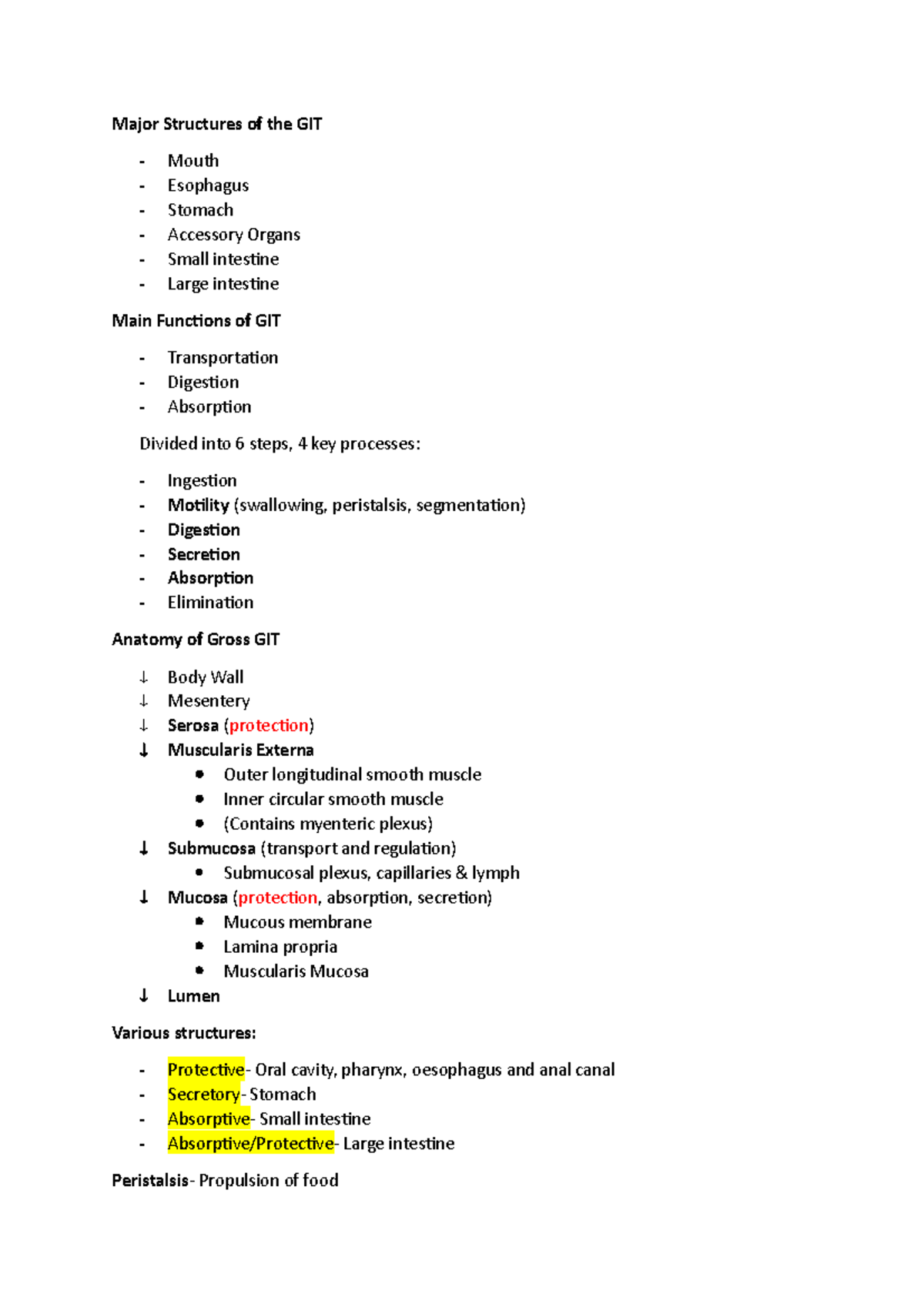 GIT - notes - Major Structures of the GIT - Mouth - Esophagus - Stomach ...