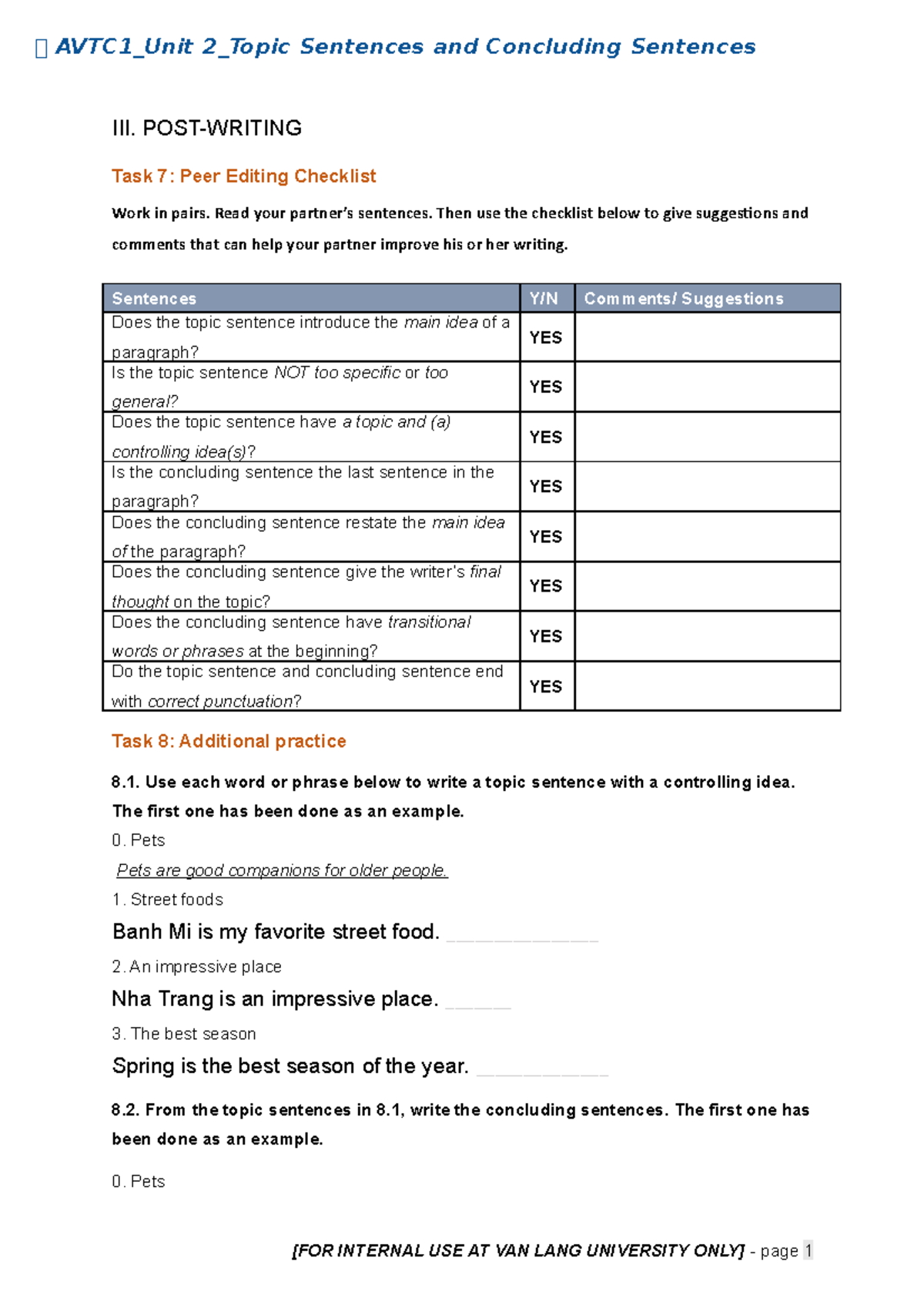 [Official] AVTC1 - Unit 2 - Topic sentences and concluding sentences ...