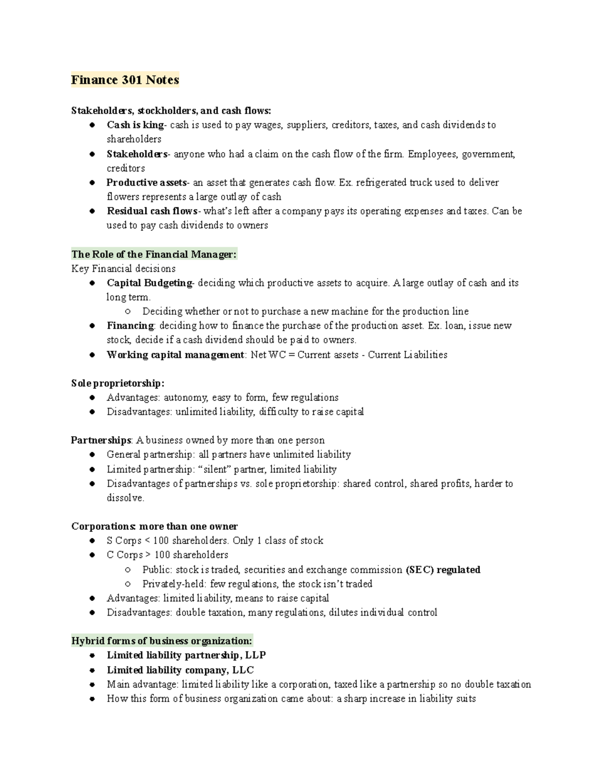 Finance 301 Notes - Finance 301 Notes Stakeholders, stockholders, and ...