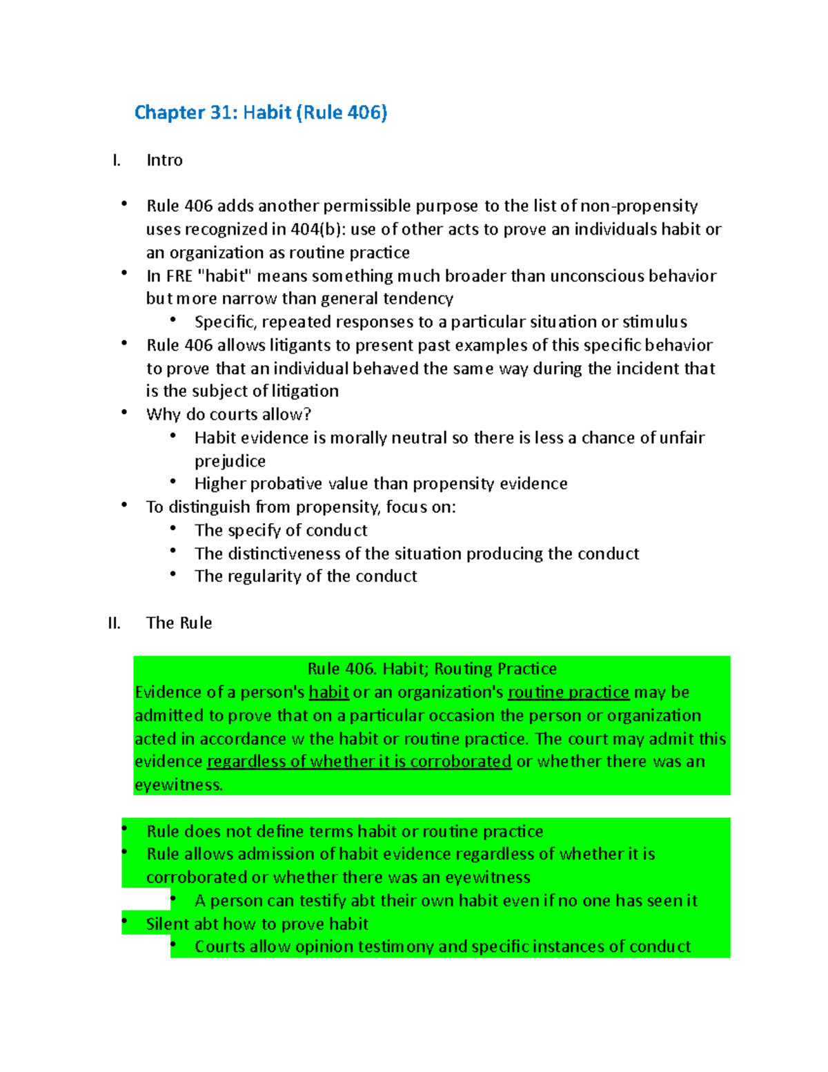 Rule 406 chapter 31 - Chapter 31: Habit (Rule 406) I. Intro Rule 406 ...