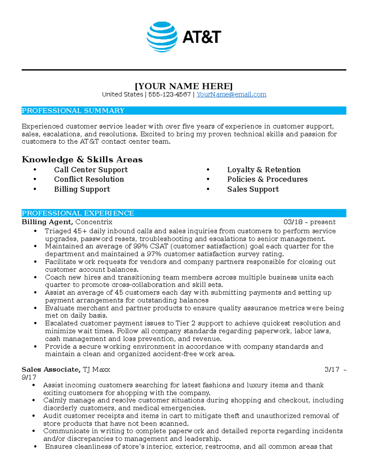 ATT Call Center Example - [YOUR NAME HERE] United States | 555-123-4567 ...