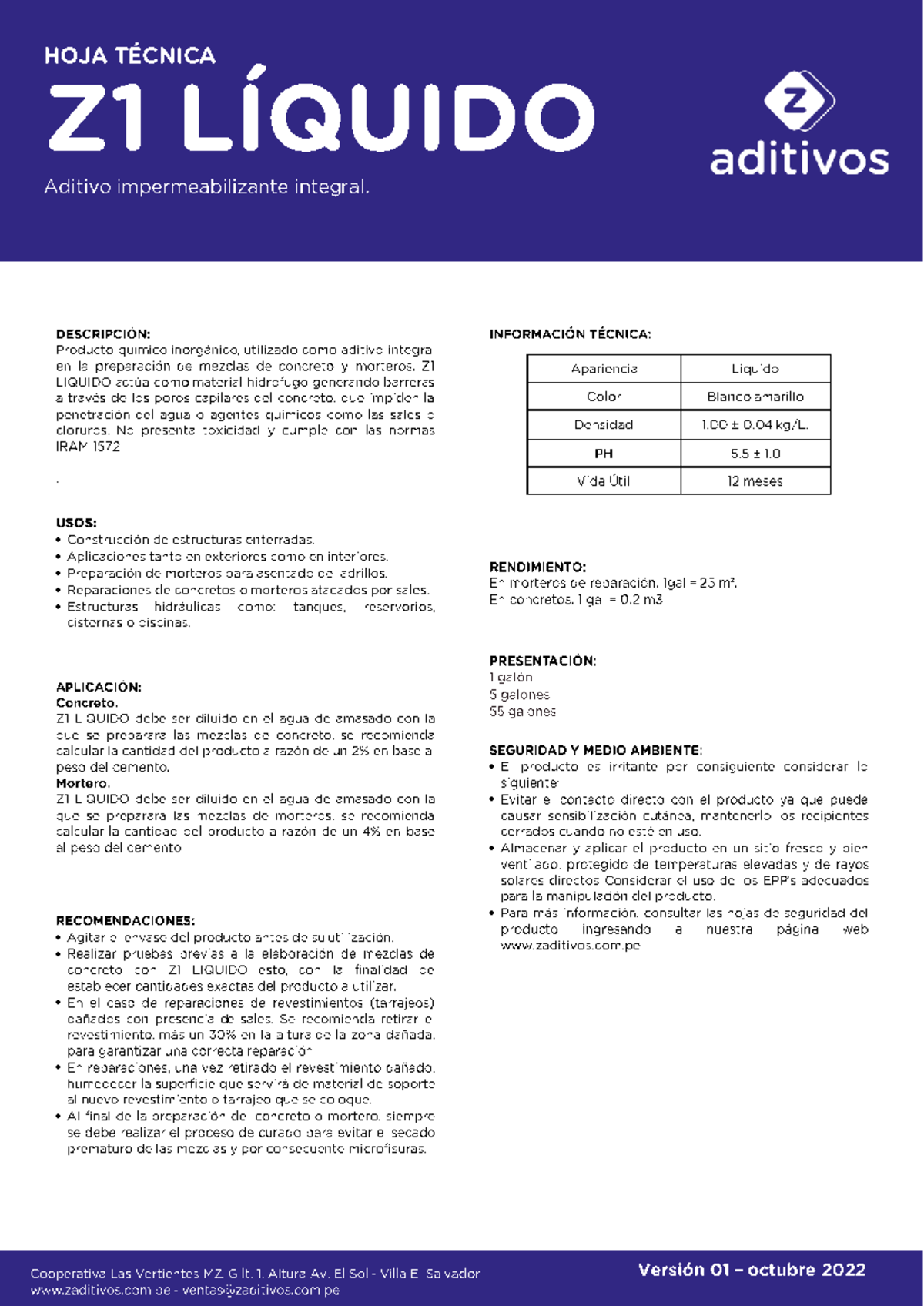 HT-Z1- Liquido - sdfdjghk - HOJA TÉCNICA Z1 LÍQUIDO Z aditivos Aditivo impermeabilizante ...