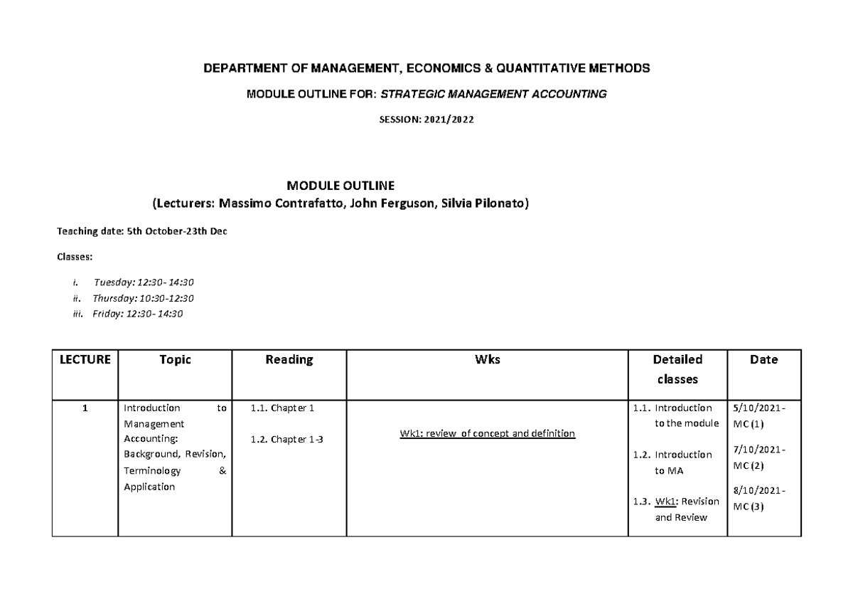 SMA Module Outline 2021-2022 Dettagliato Completo - V2 - DEPARTMENT OF MANAGEMENT, ECONOMICS ...