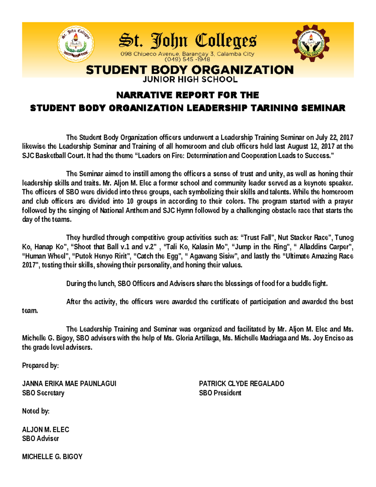 Narrative Report FOR ALL Activity - STUDENT BODY ORGANIZATION ...