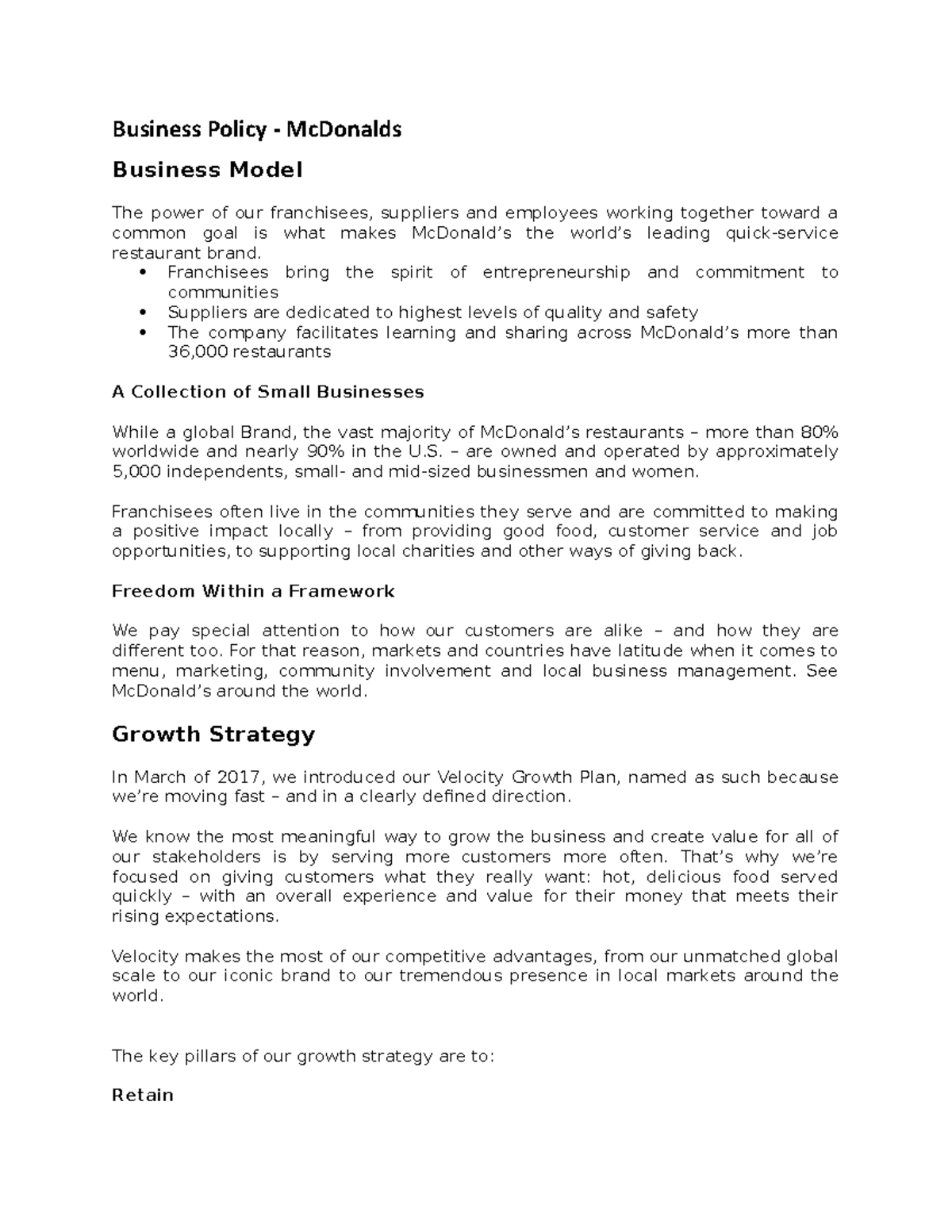 Business Policy - Lecture notes 1 - Business Policy - McDonalds ...