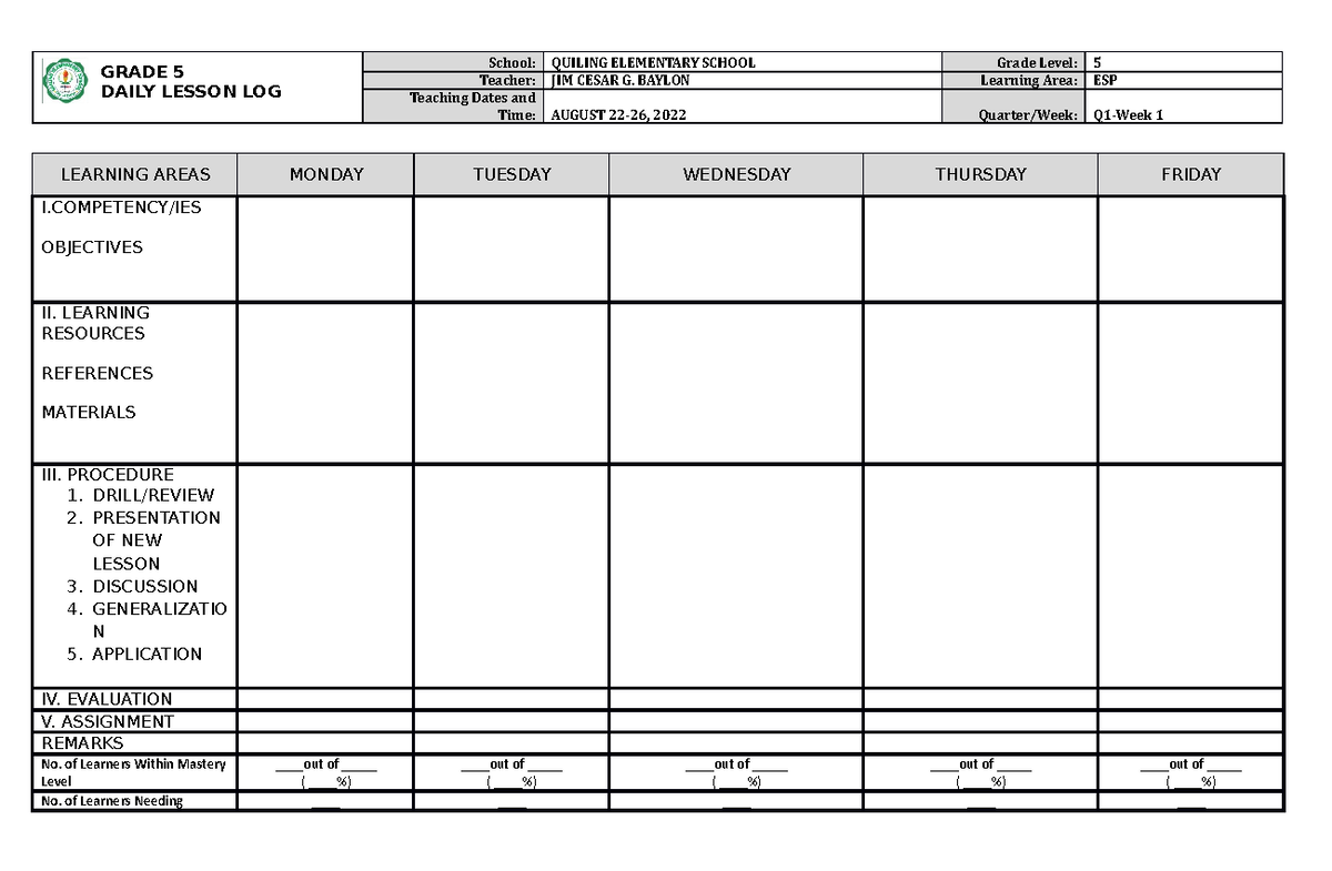 DLL 2022 edited - DLL template - GRADE 5 DAILY LESSON LOG School ...
