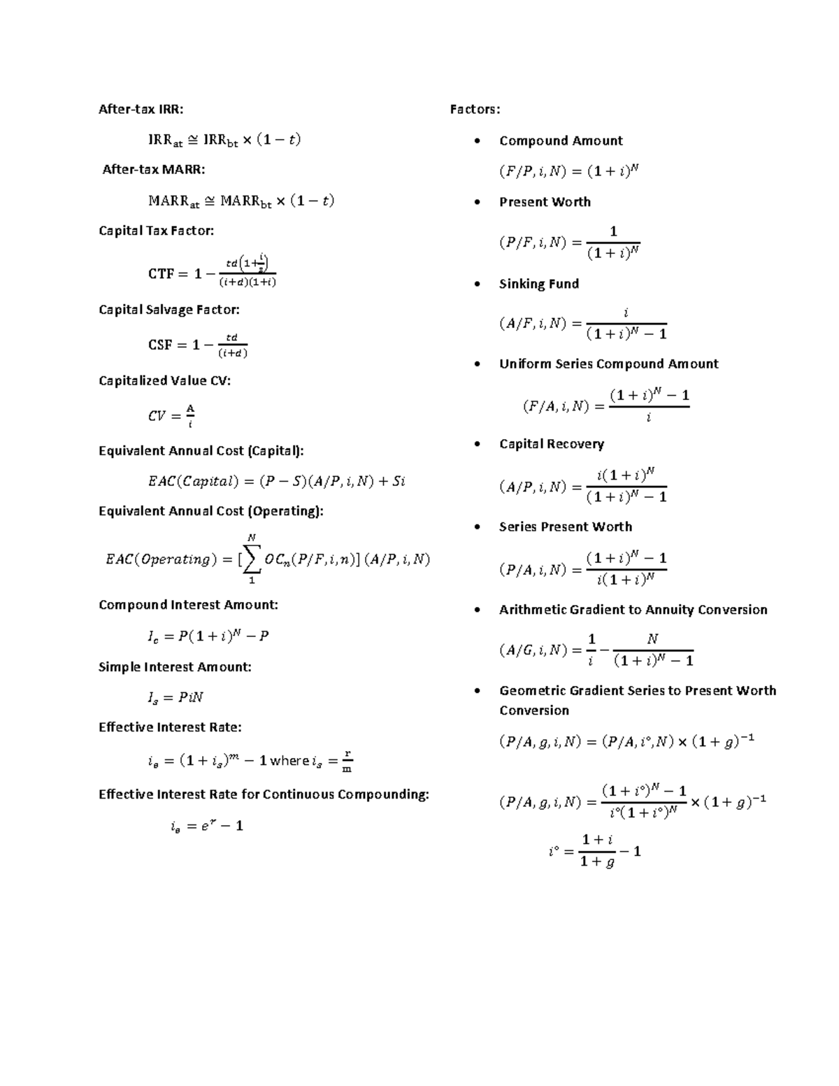 Formula sheet modified - After-tax IRR: IRR at ≅ IRR bt ×(1−𝑡) After ...