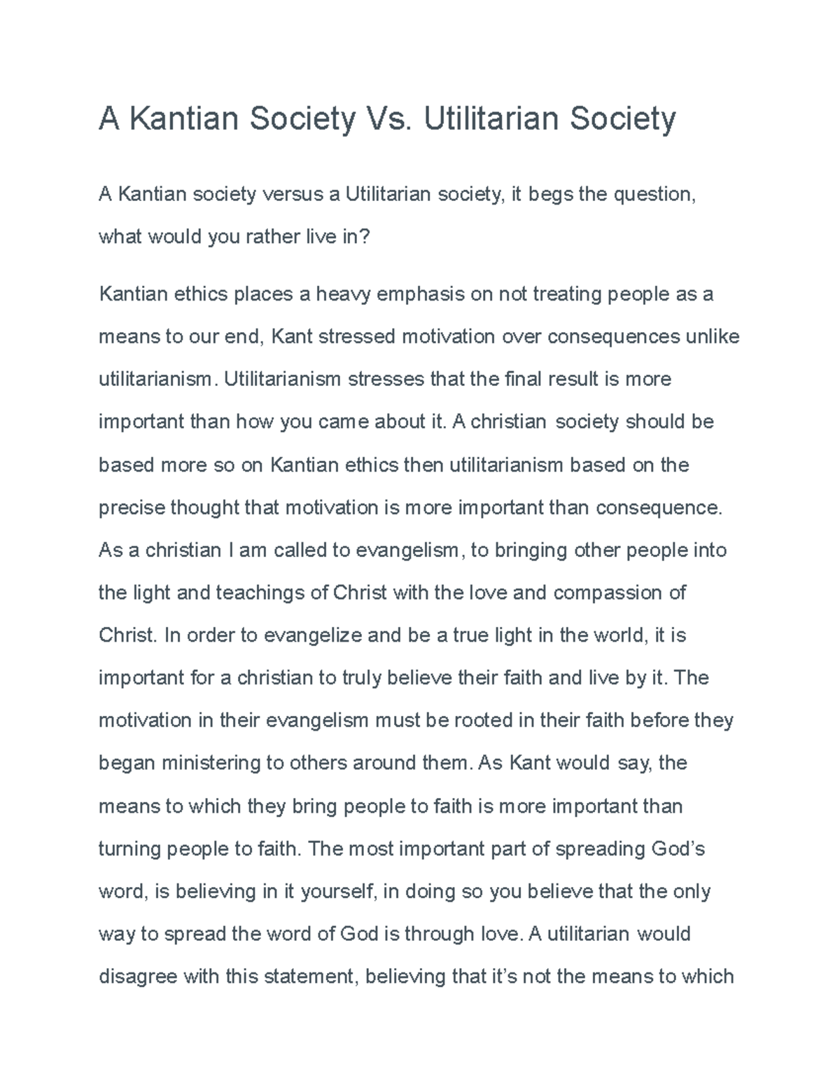 A Kantian Society Vs. Utilitarian Society - A Kantian Society Vs ...