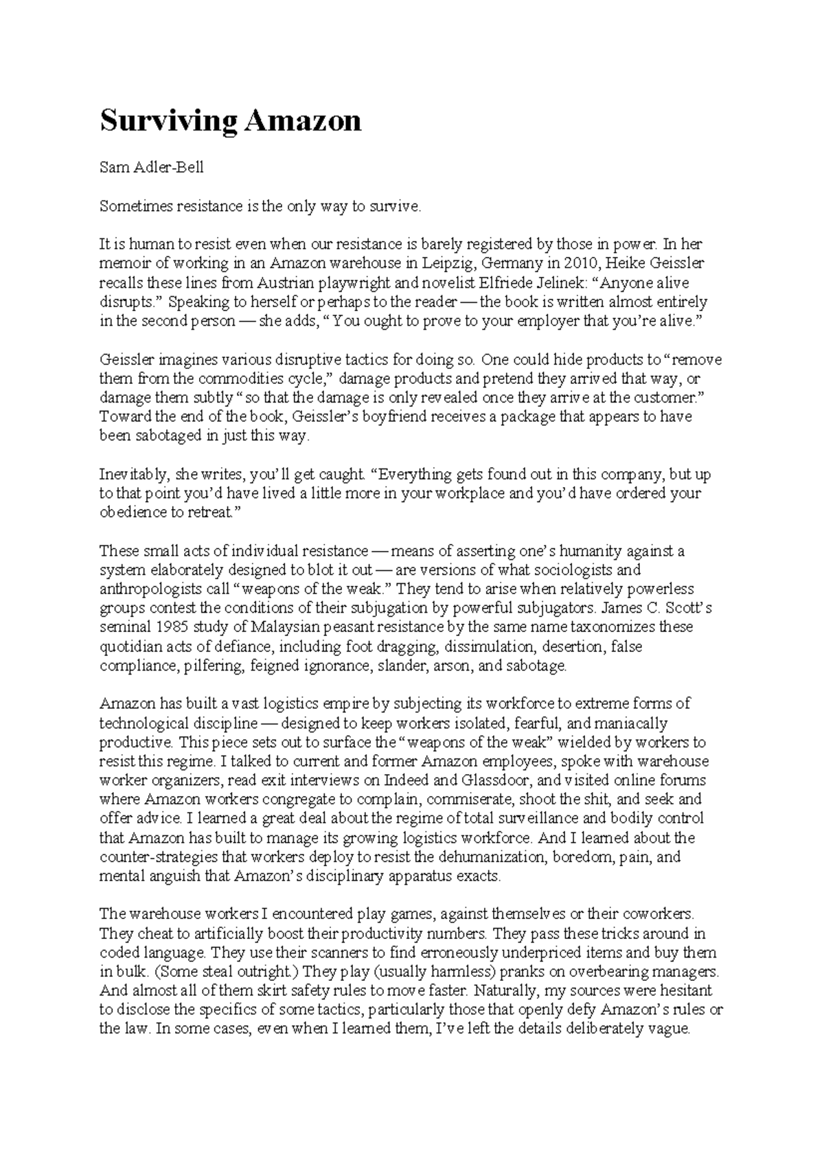 Surviving Amazon - ASSIGNMENT - Surviving Amazon Sam Adler-Bell Sometimes resistance is the only ...