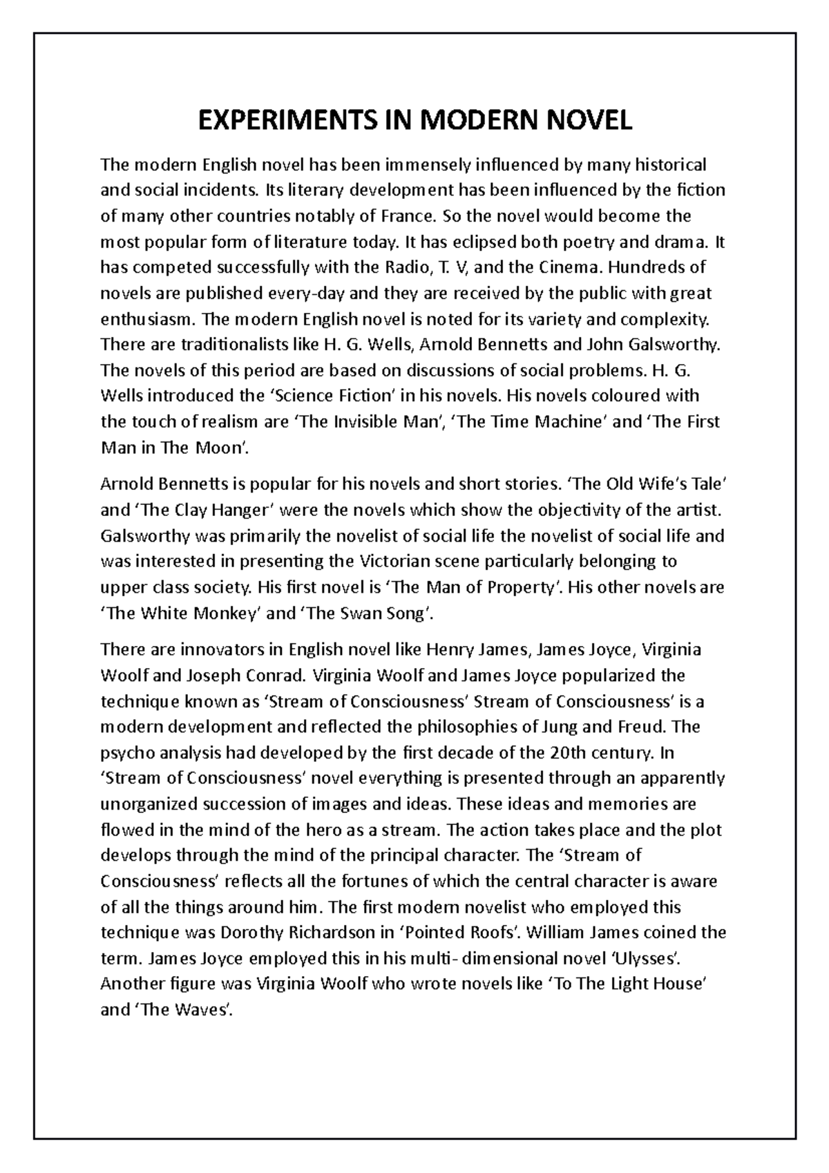 Experiments IN Modern Novel - EXPERIMENTS IN MODERN NOVEL The modern ...