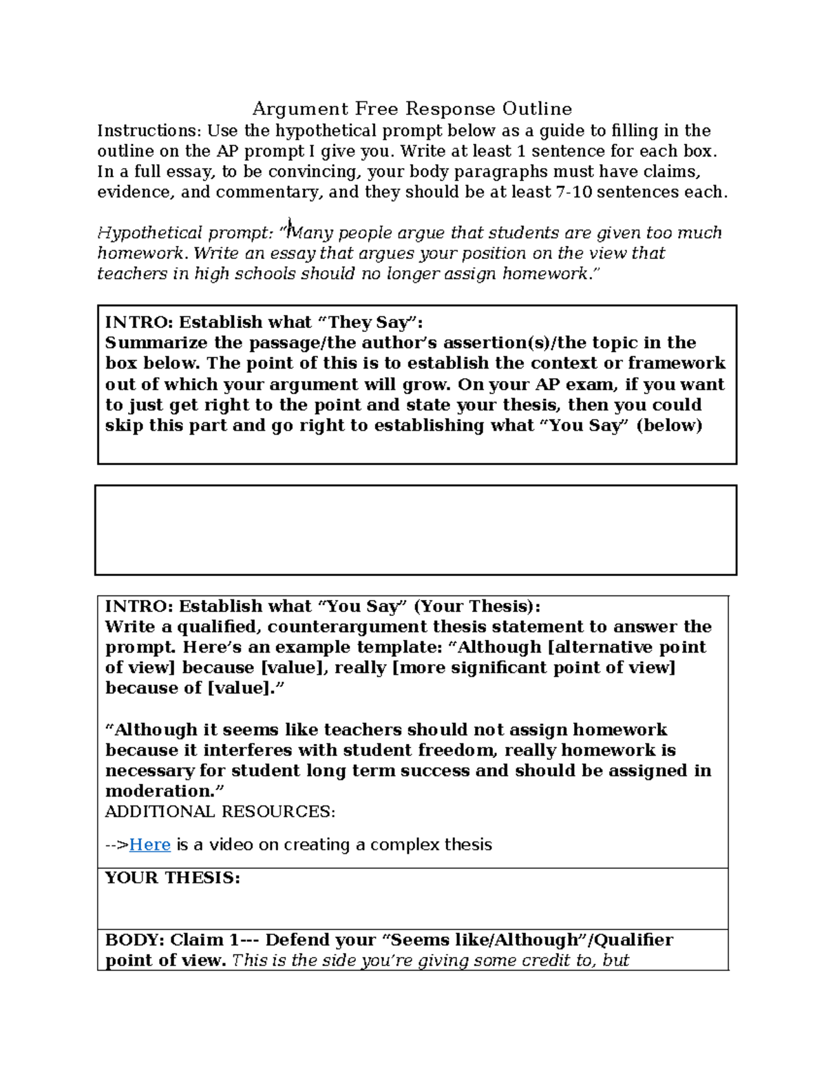 Argument Outline Worksheet - Argument Free Response Outline ...