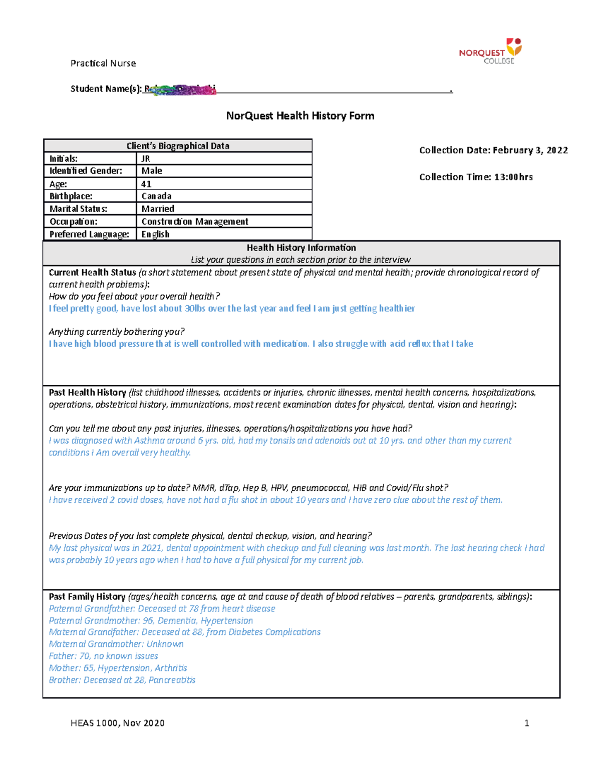HHA - The required health history assignment example. - Student Name(s ...