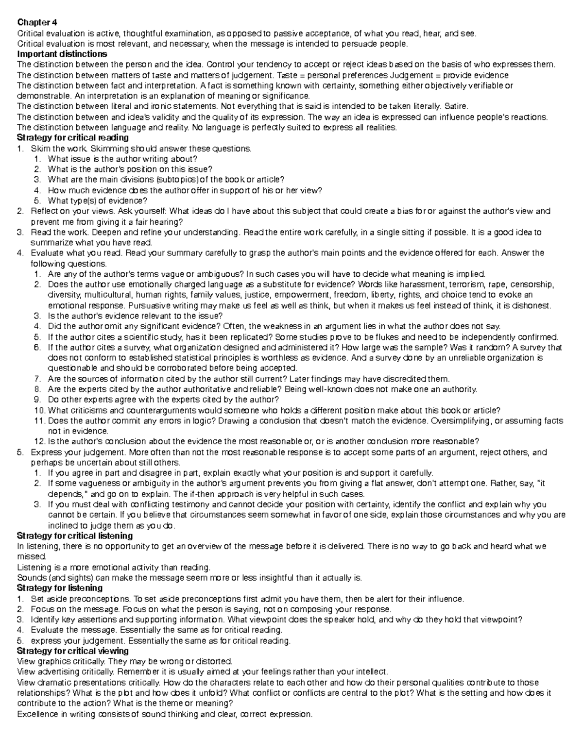 Quiz 3 - Outline - Quiz subjects - Chapter 4 Critical evaluation is ...