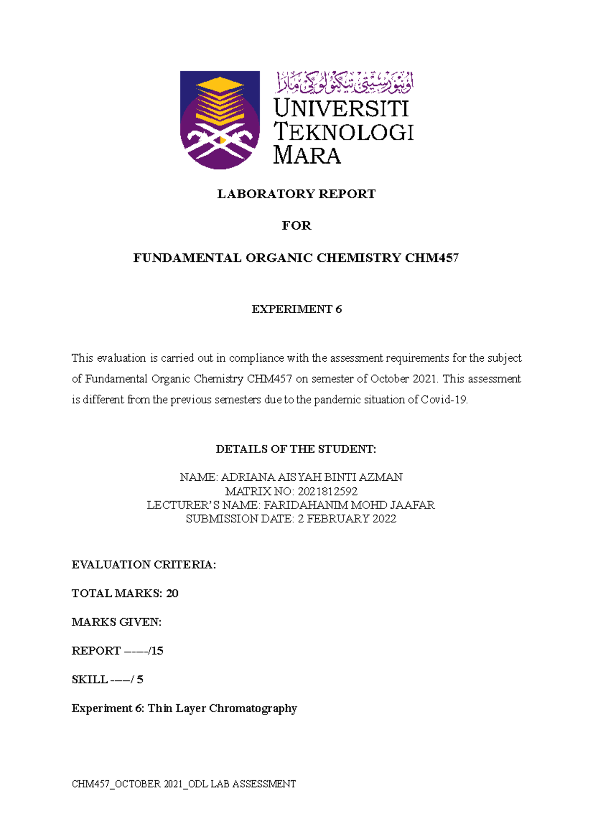 Chm457 Experiment 6 Kindly Use As Reference Direct Copying Is Not Recommended Because