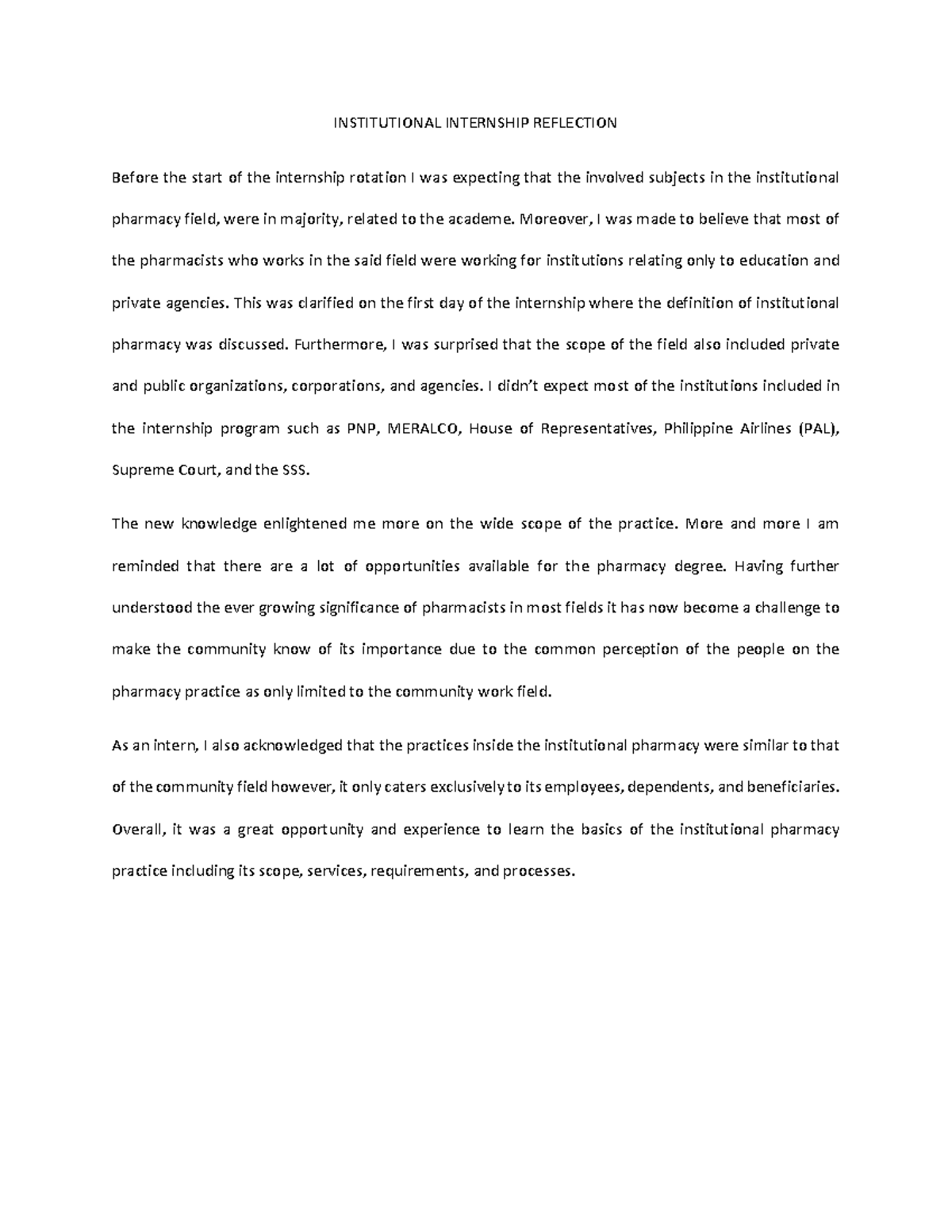 Institutional Internship Reflection - Pharmacy - Studocu