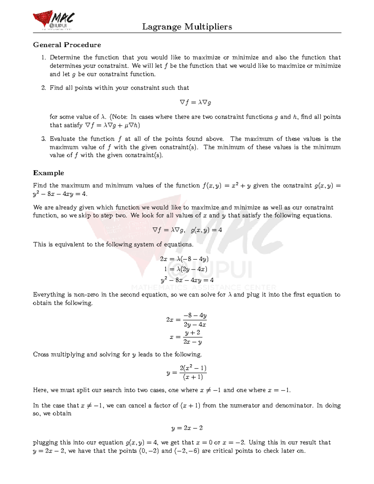 261-232 Lagrange Multipliers - Lagrange Multipliers General Procedure ...