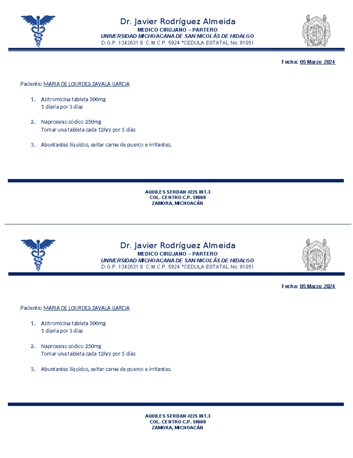 Receta Doctor - UNO - Dr. Javier Rodríguez Almeida MEDICO CIRUJANO ...