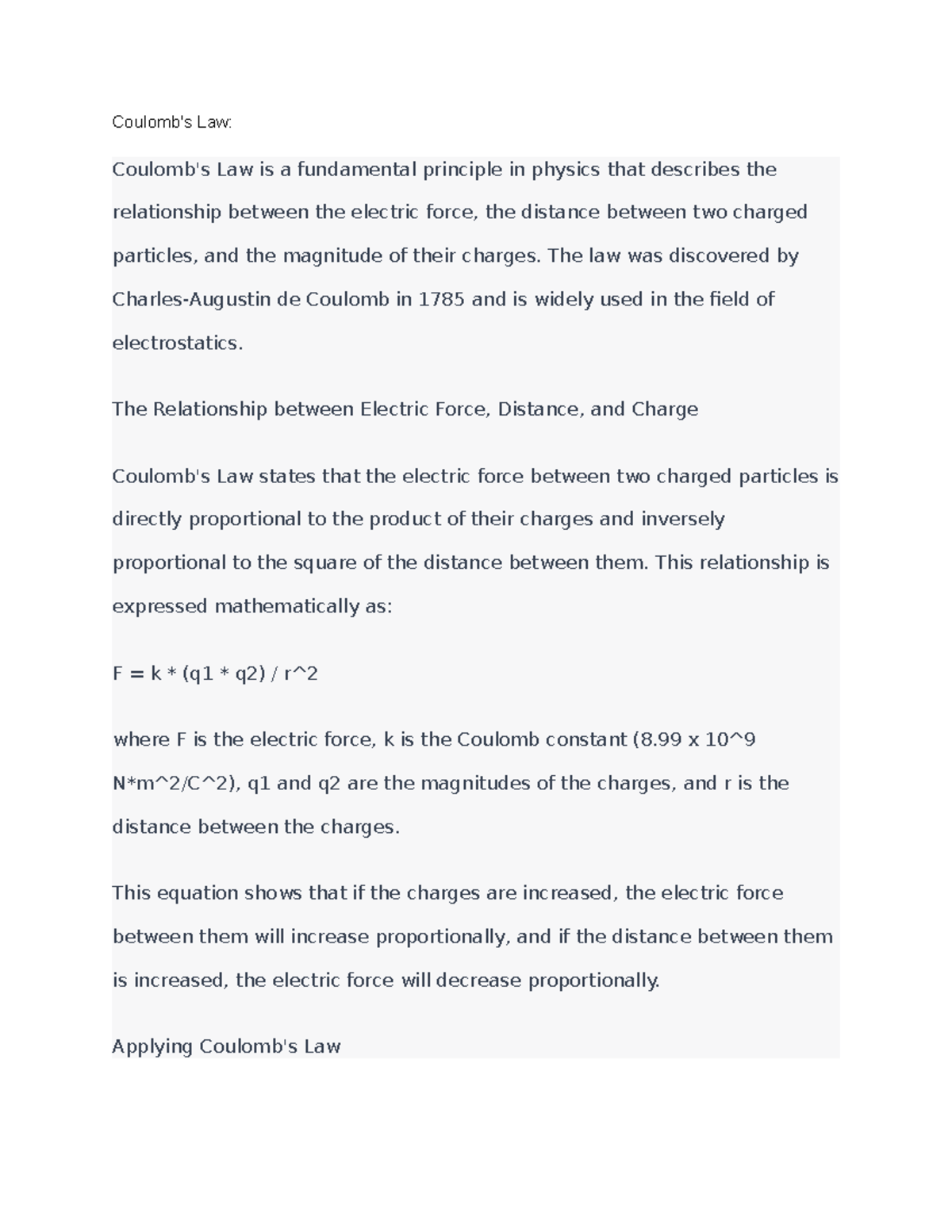 Notes coulombs law - Coulomb's Law: Coulomb's Law is a fundamental ...