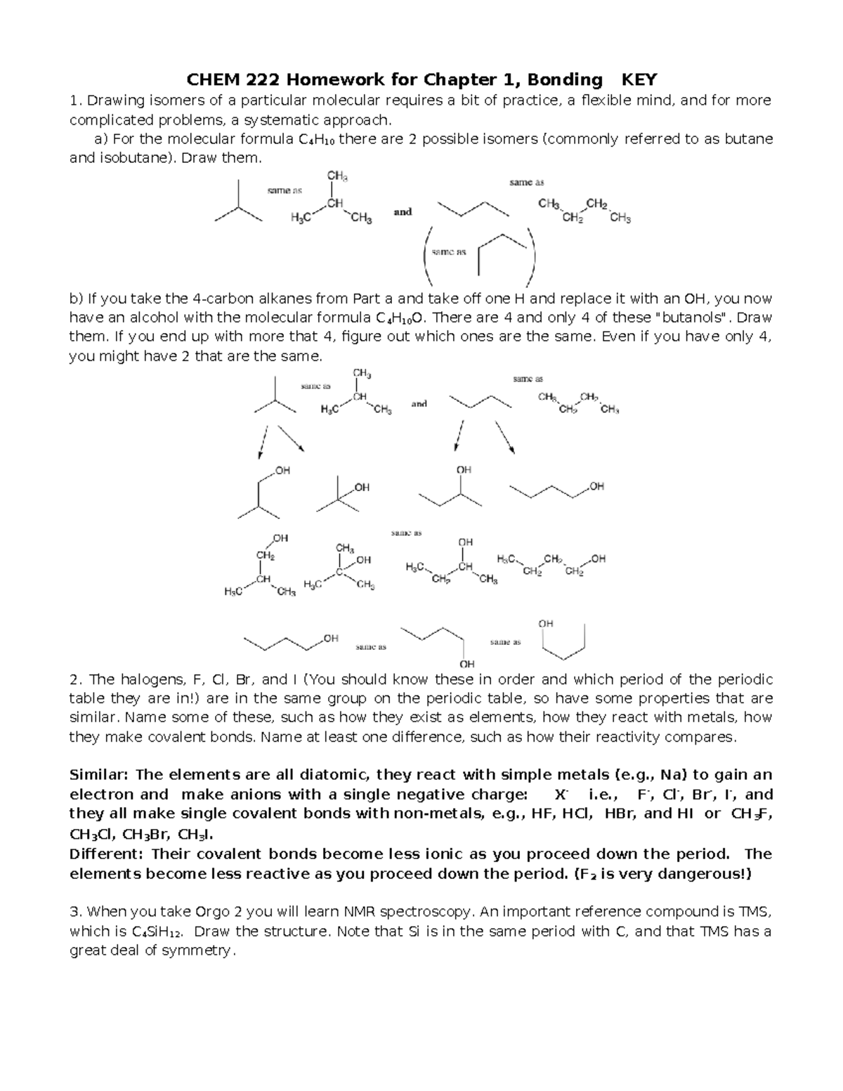 CHEM 222 Chap 1 HW F21 KEY - CHEM 222 Homework for Chapter 1, Bonding ...