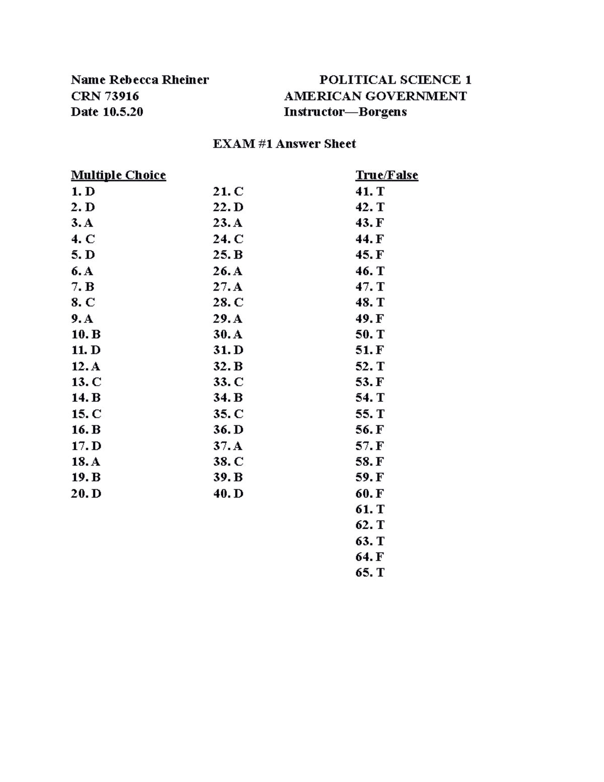 POLS 1 Exam #1 Answer - Name Rebecca Rheiner POLITICAL SCIENCE 1 CRN ...