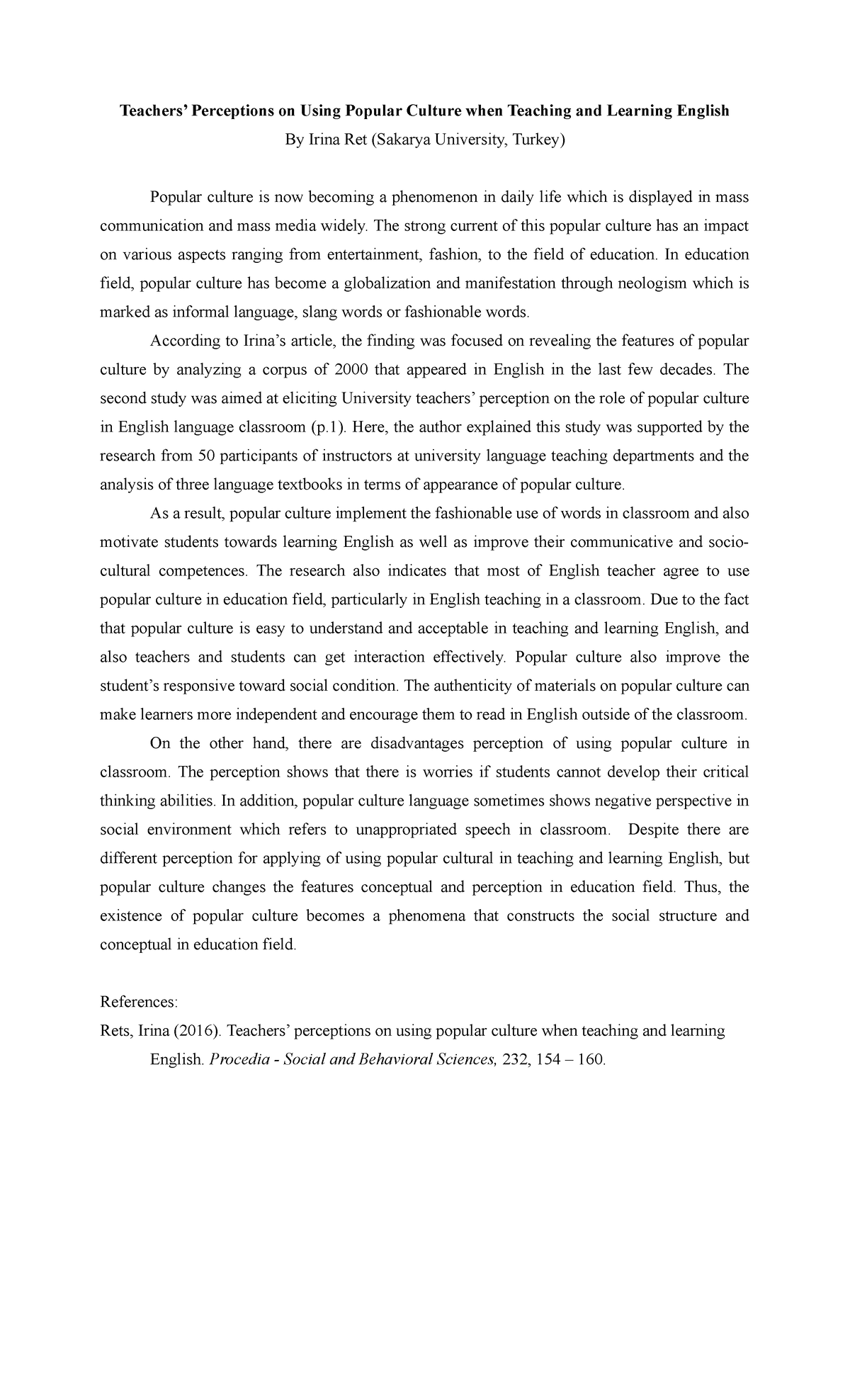 Teachers’ Perceptions on Using Popular Culture when Teaching and ...