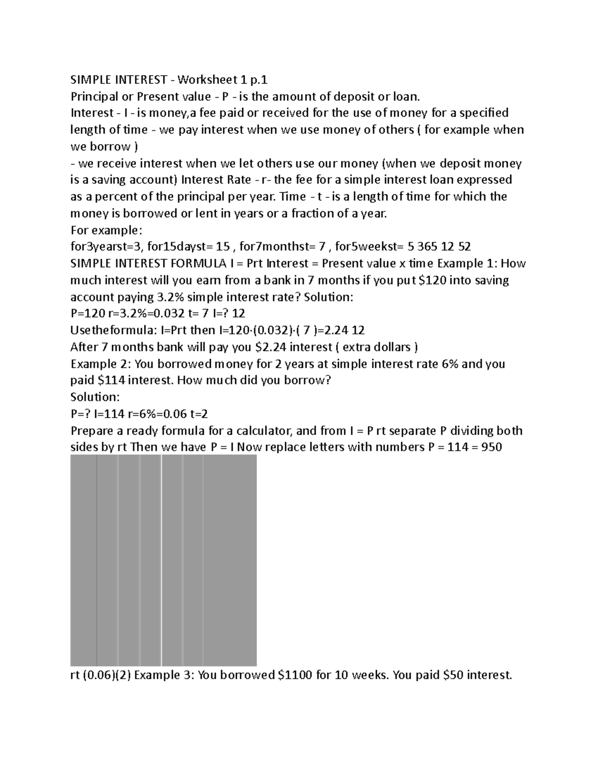 Simple Interest - Worksheet 1 - SIMPLE INTEREST - Worksheet 1 p ...