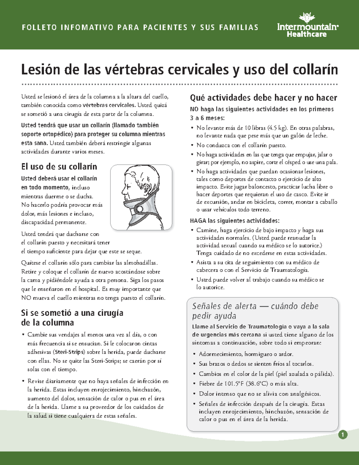 Cervical Spine Injury And Neck Collar Fact Sheet Spanish - 11 F O L L E ...