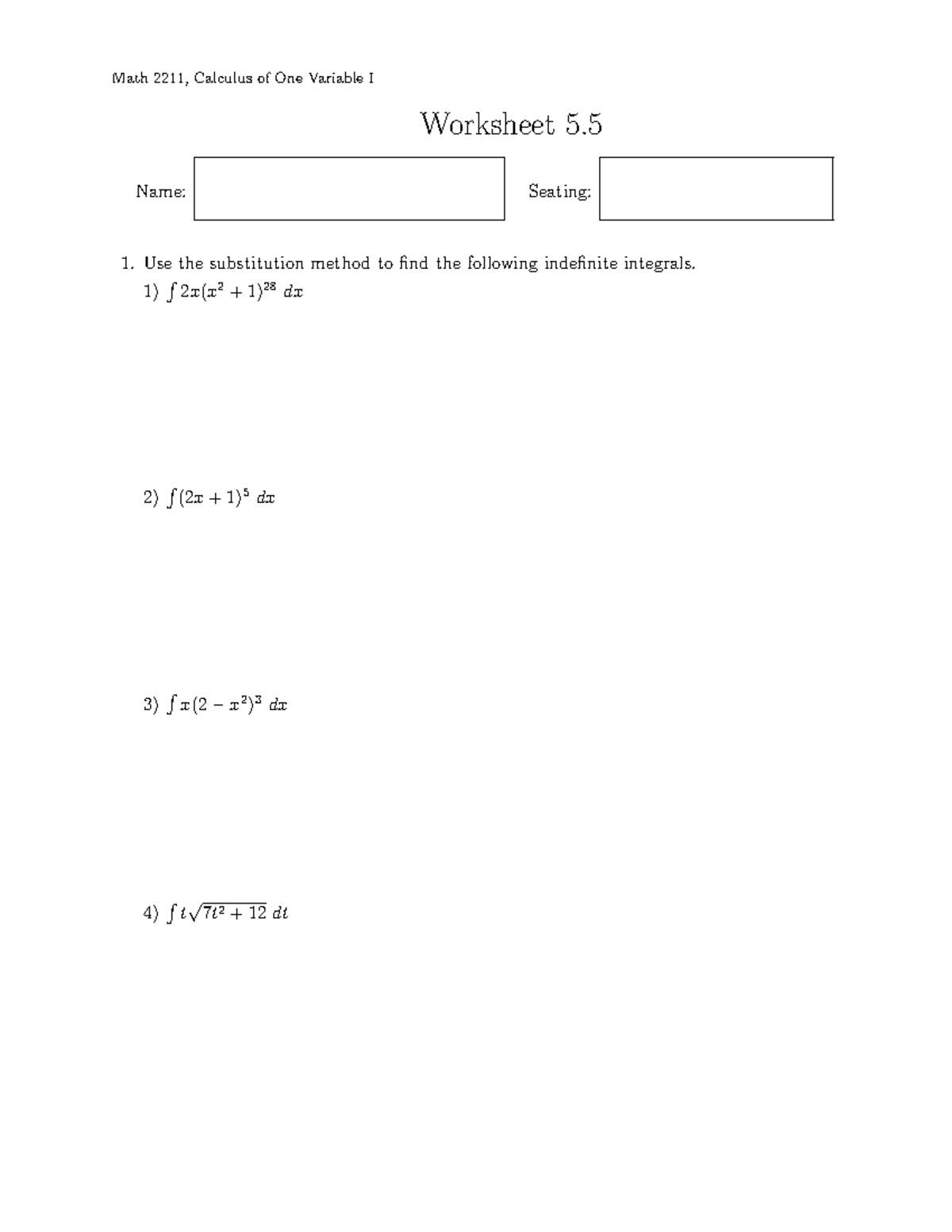 Worksheet 5 - Workseet on Calculus - Math 2211, Calculus of One ...