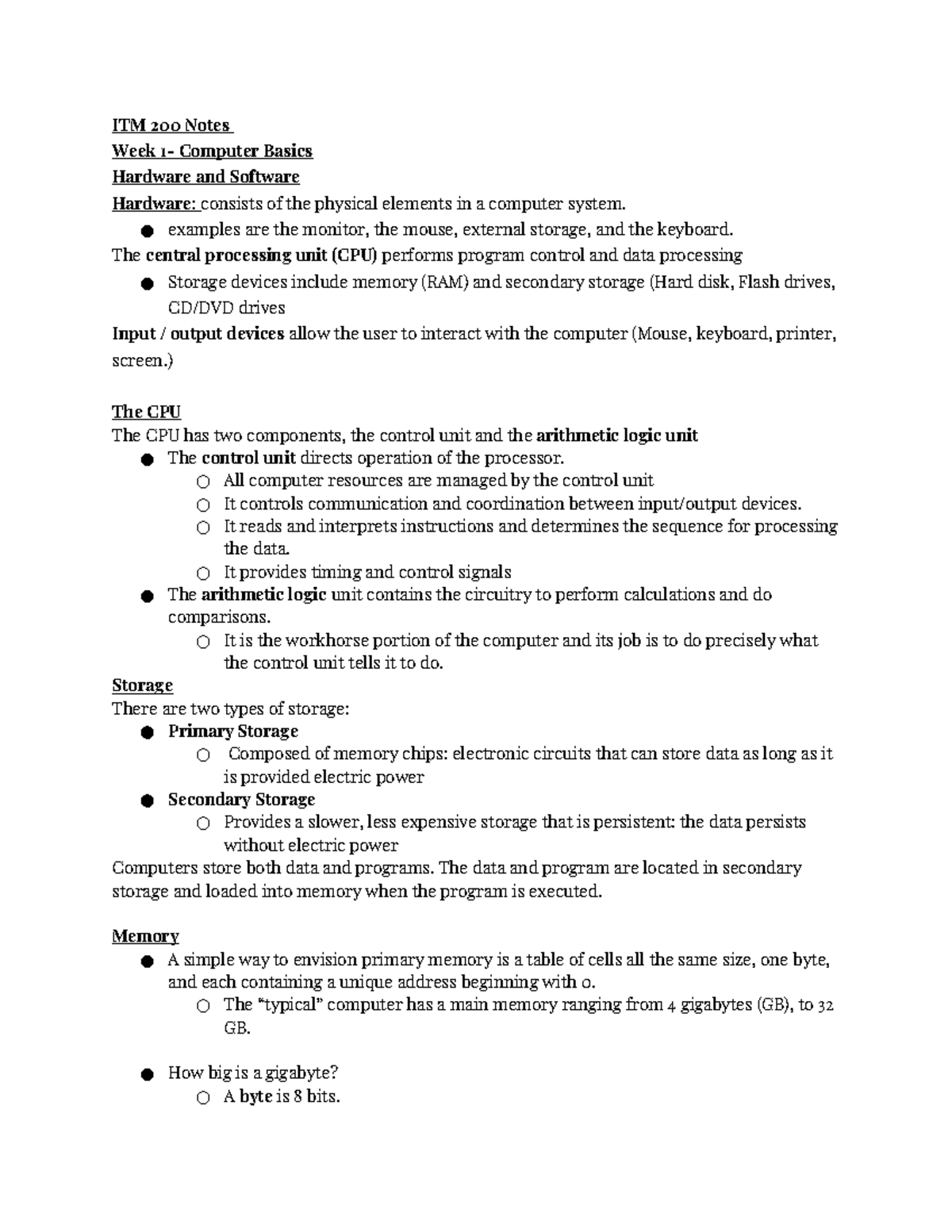 Notess for studying - ITM 200 Notes Week 1- Computer Basics Hardware ...