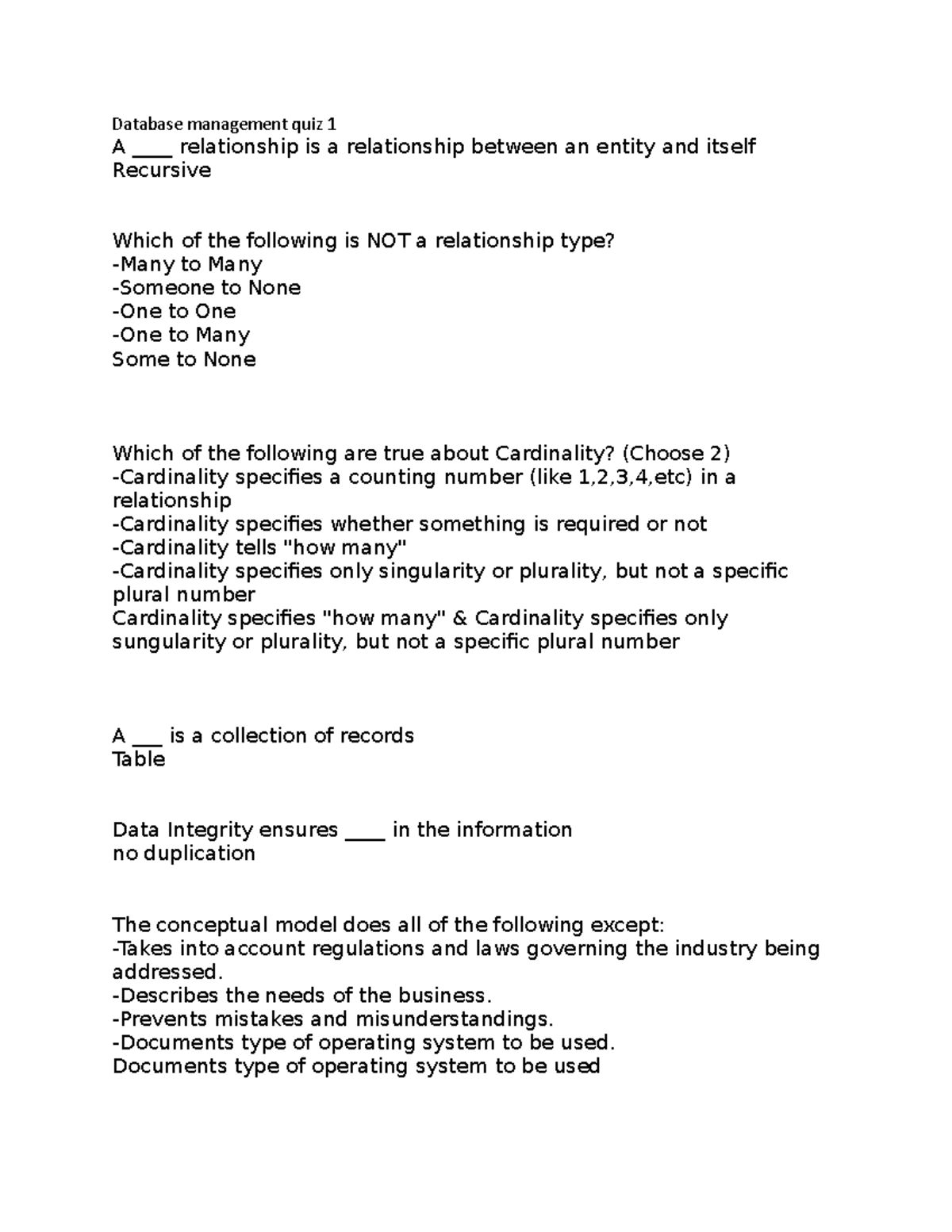 Database management quiz 1 -Describes the needs of the business ...
