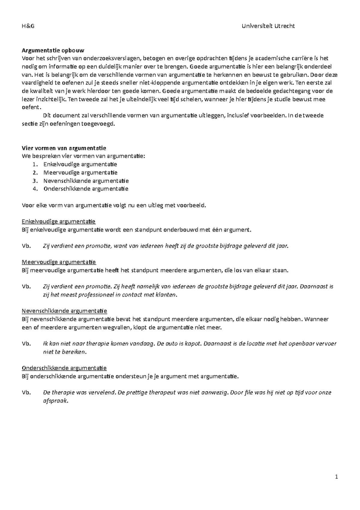 Argumentatie - Opdracht - H&G Universiteit Utrecht Argumentatie opbouw ...