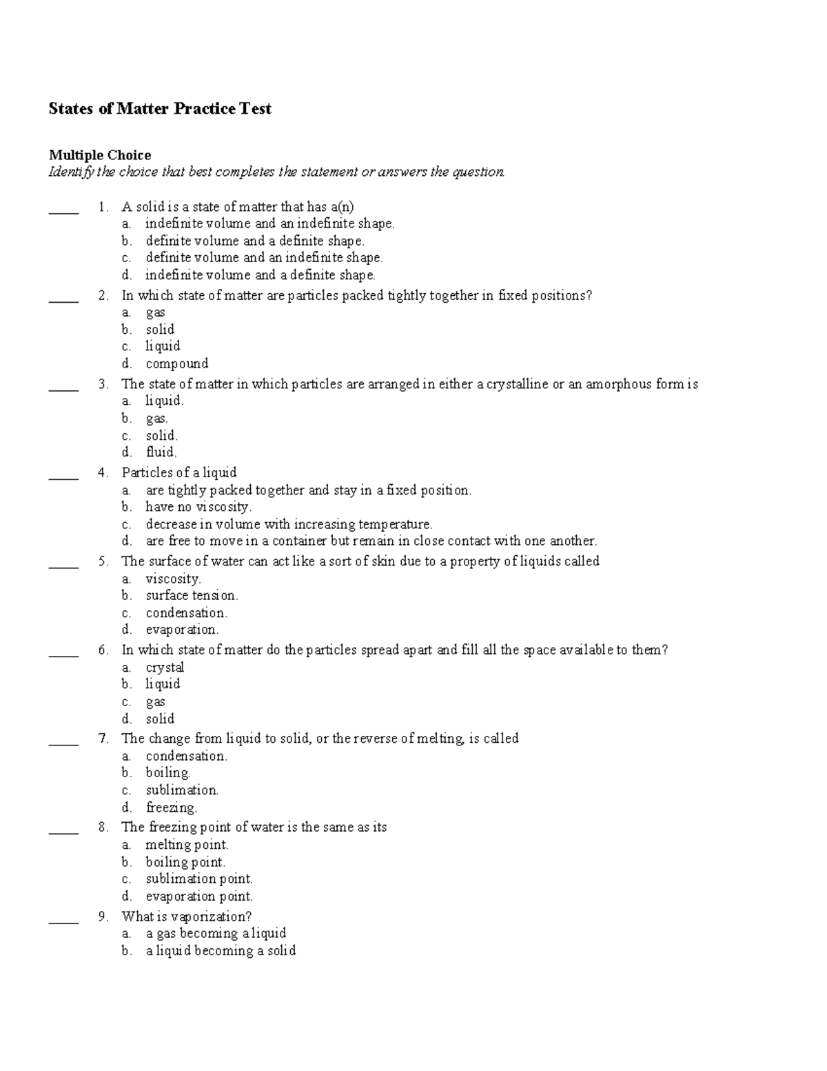 States of Matter Practice Test - States of Matter Practice Test ...