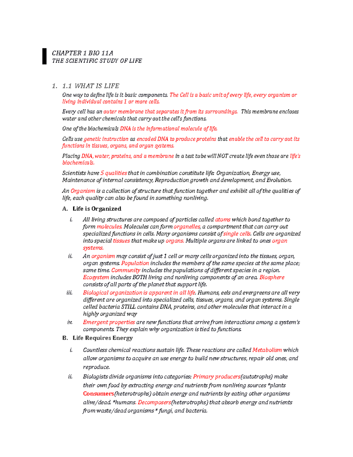 Chapter 1 notes - CHAPTER 1 BIO 11A THE SCIENTIFIC STUDY OF LIFE 1. 1 ...