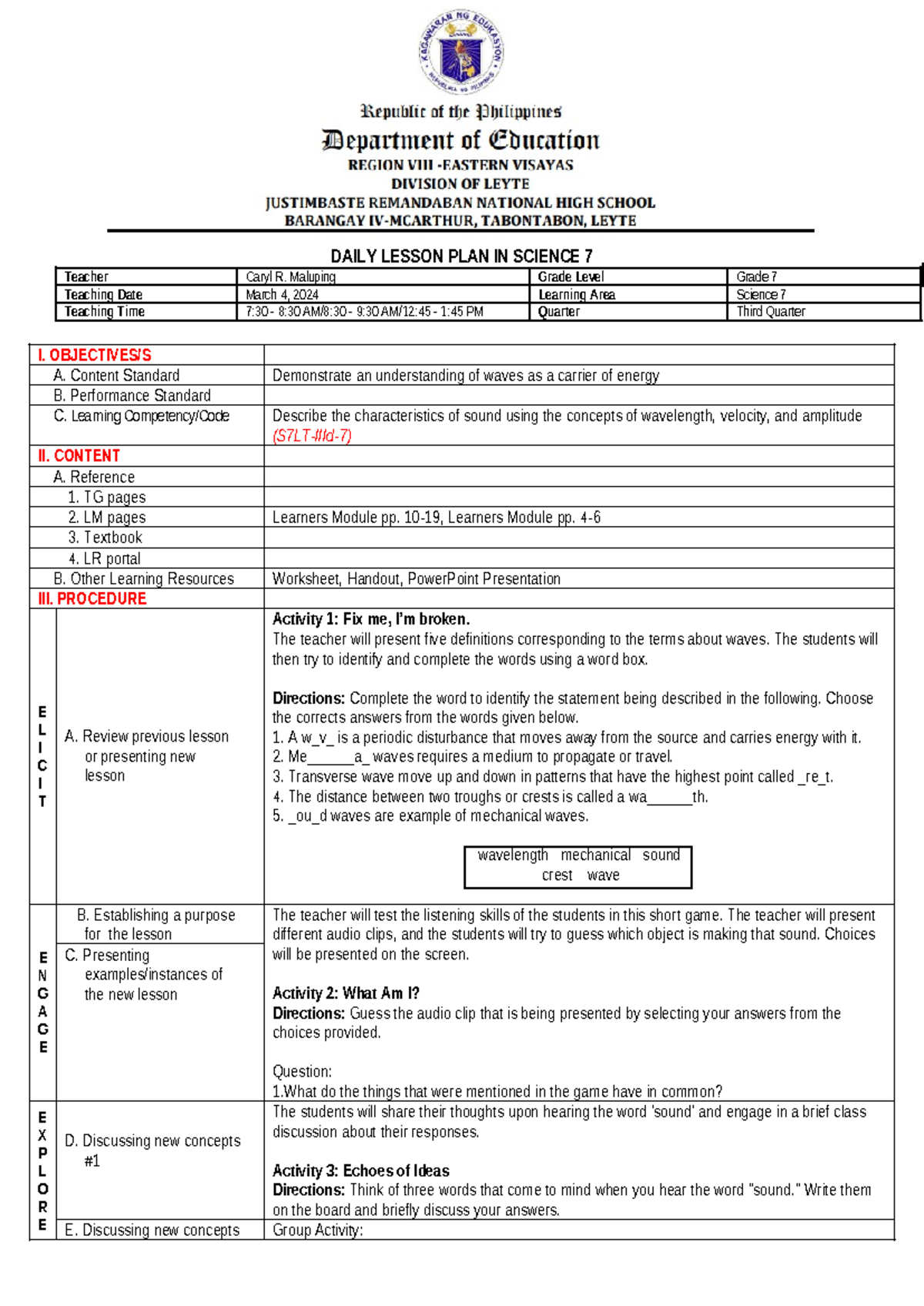 DLP Characterisitcs of sound W4 No. 2 - DAILY LESSON PLAN IN SCIENCE 7 ...