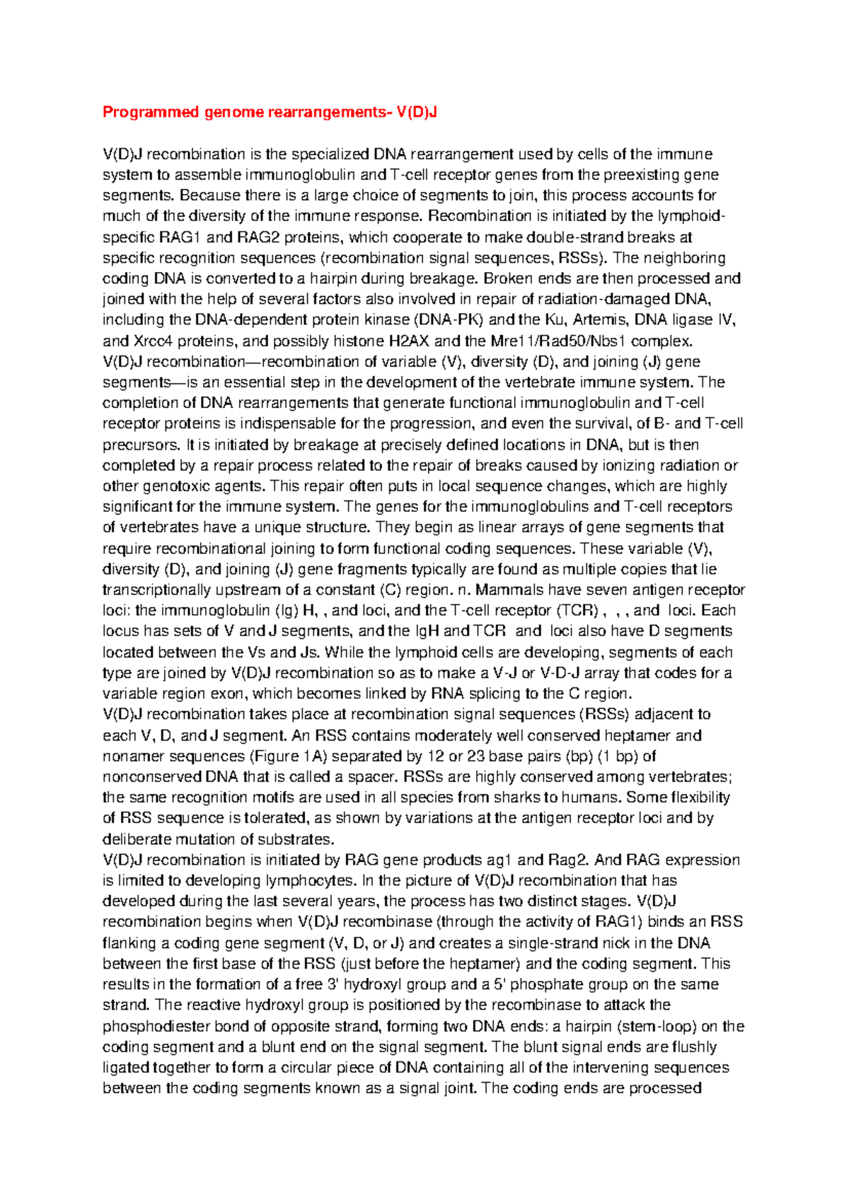 Programmed genome rearrangements- V(D)J - Programmed genome V(D)J V(D)J ...