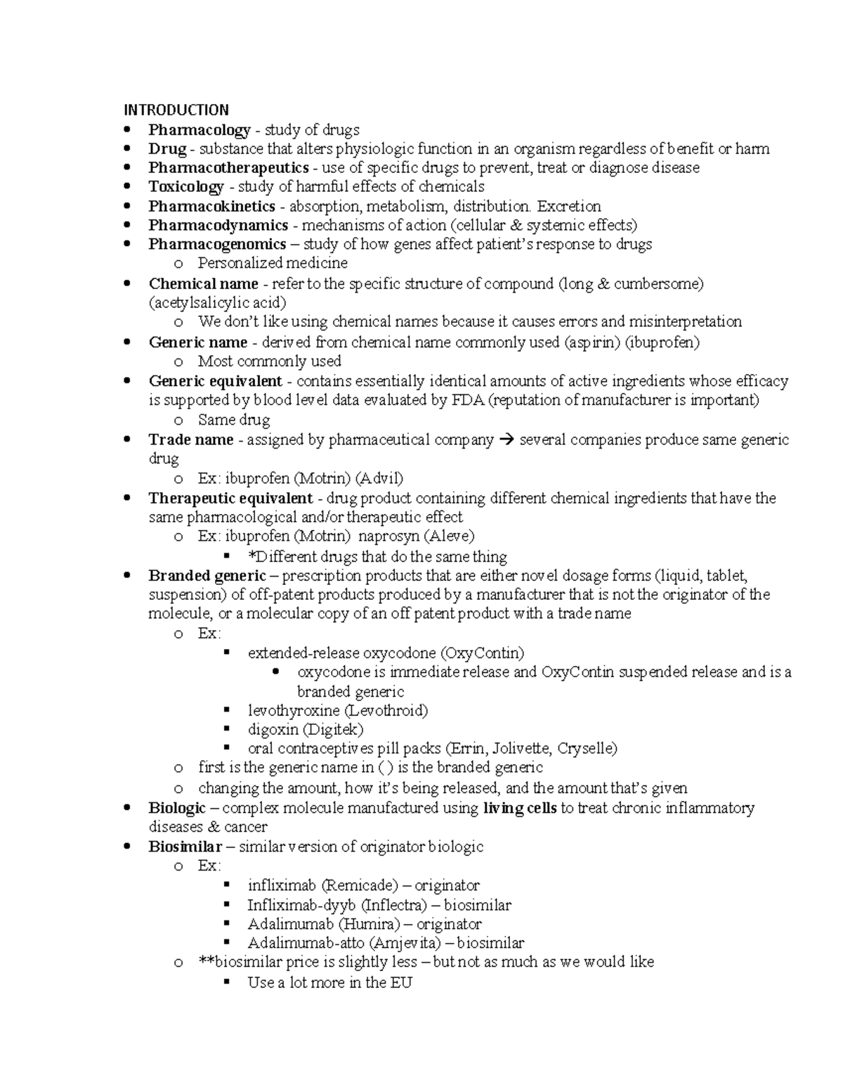 Pharm intro - INTRODUCTION Pharmacology - study of drugs Drug ...