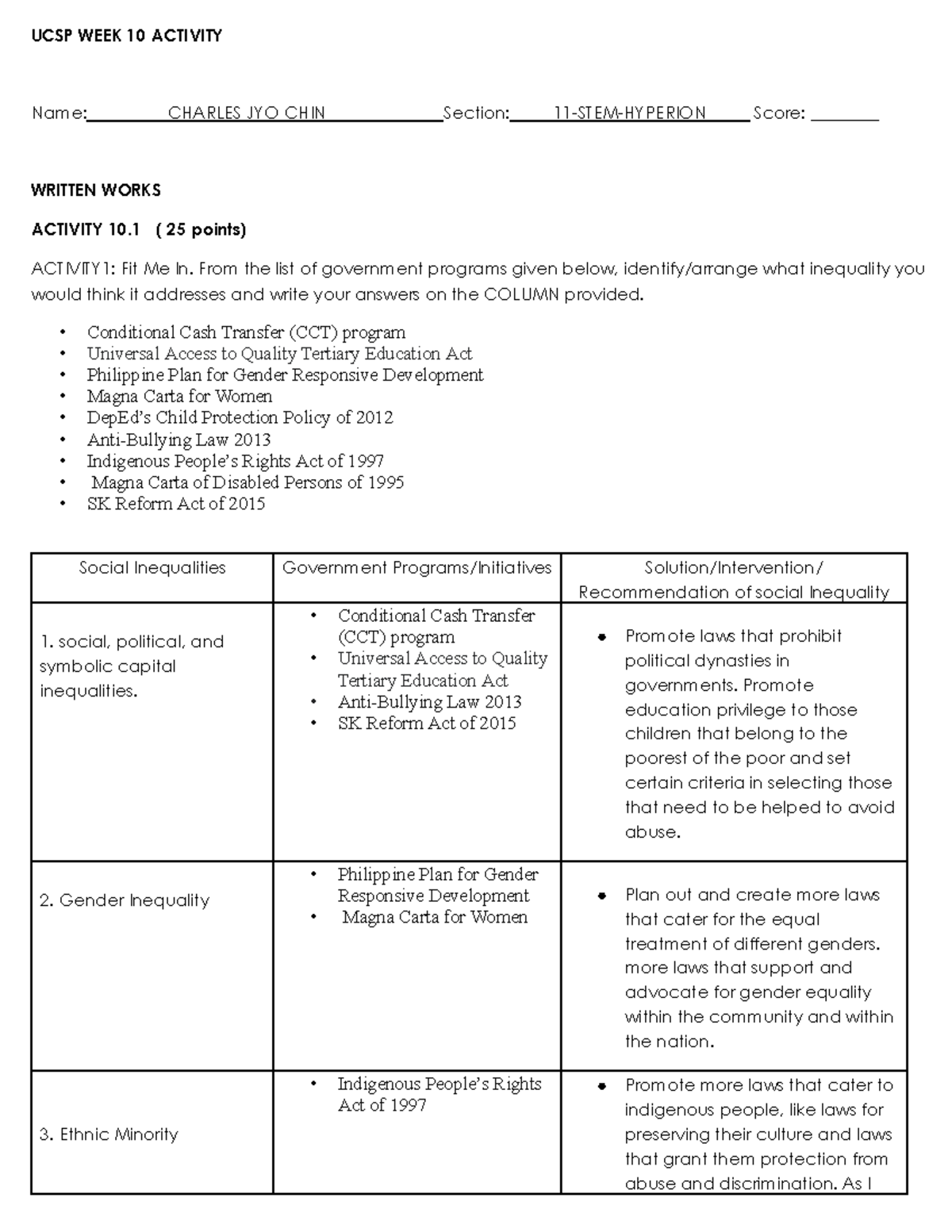 UCSP-WEEK-10- Activity - UCSP WEEK 10 ACTIVITY Name: CHARLES JYO CHIN ...
