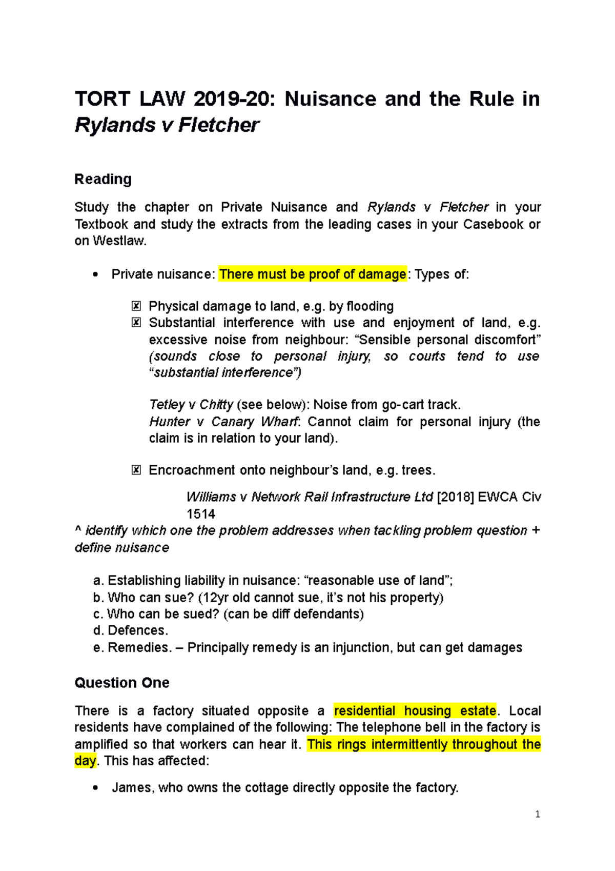 SEM 2 - TUTORIAL 5 Nuisance and Rylands - TORT LAW 2019-20: Nuisance and the Rule in Rylands v ...