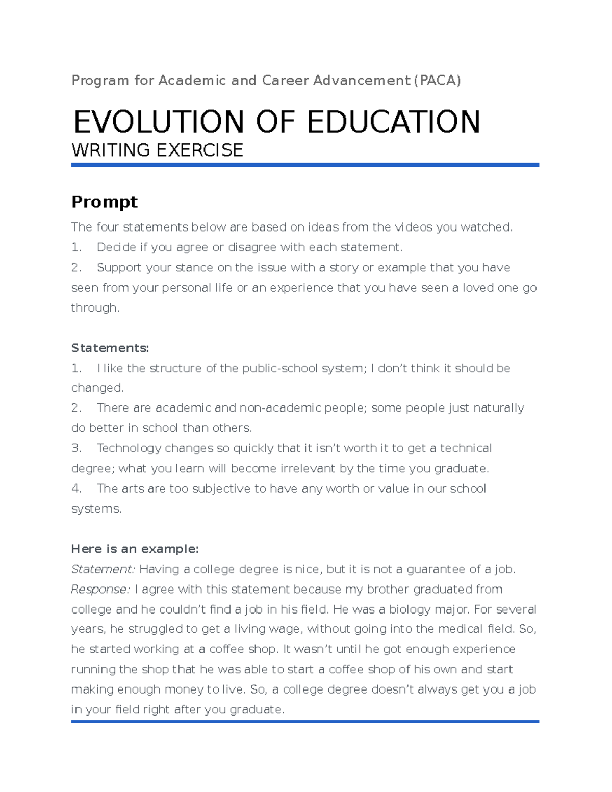 Evolution of Education Worksheet - Program for Academic and Career ...