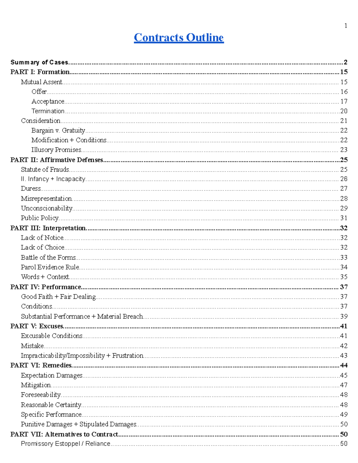 Contracts Outline - Contracts Outline Summary of - Studocu