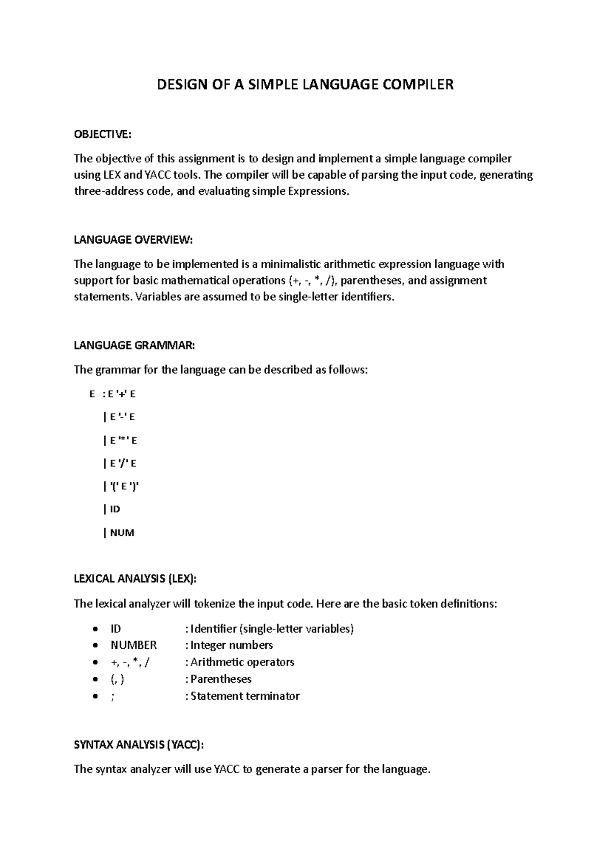 Design OF A Simple Language Compiler - DESIGN OF A SIMPLE LANGUAGE ...